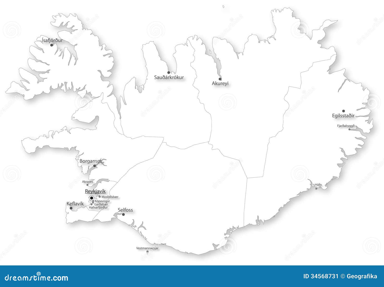 Map of Iceland with Regions & Cities Stock Vector - Illustration of ...