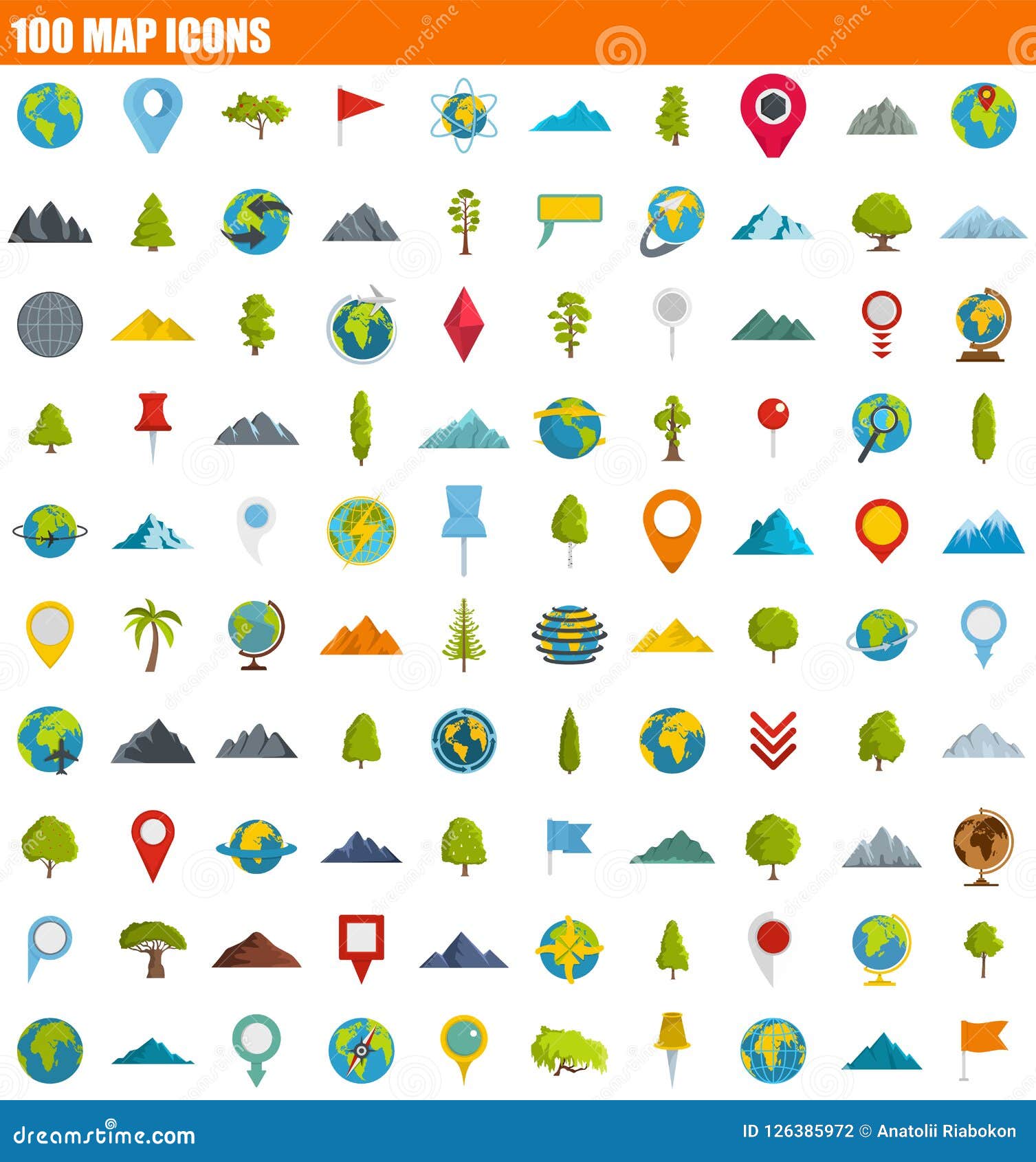 100 Map Icon Set, Flat Style Stock Vector - Illustration of outdoor ...