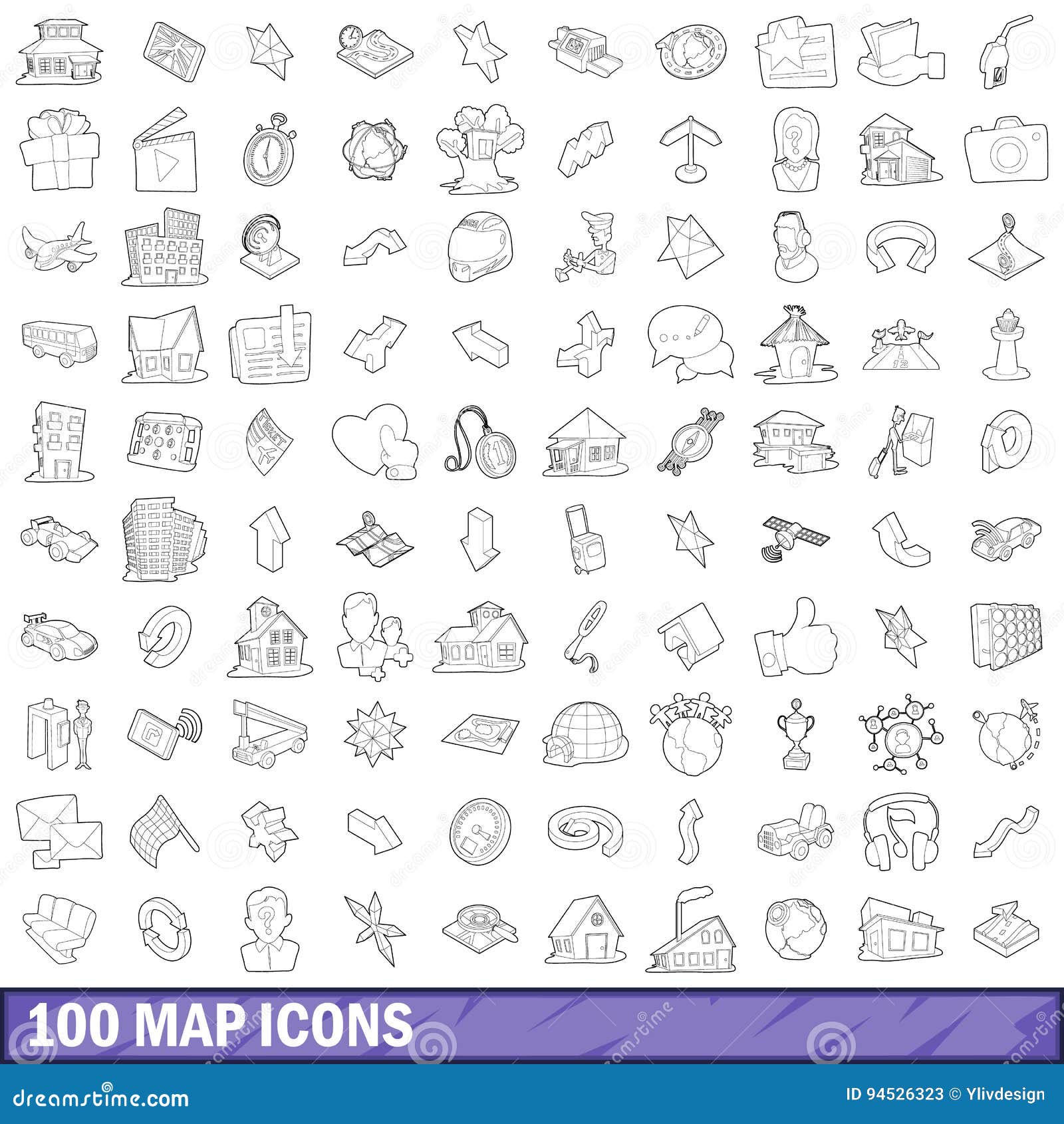 100 Map Icons Set, Outline Style Stock Vector - Illustration of icons ...