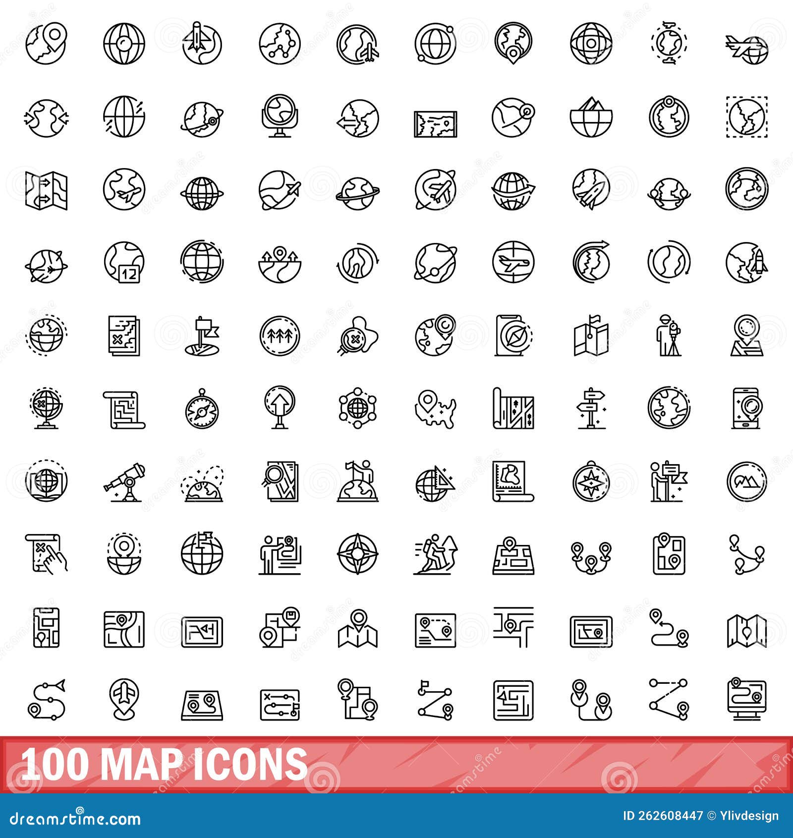 100 Map Icons Set, Outline Style Stock Vector - Illustration of ...