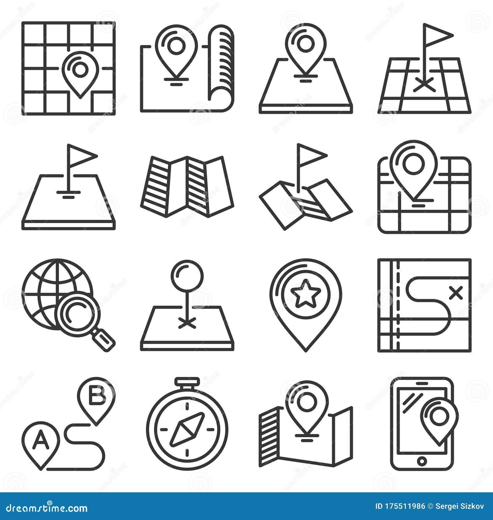 Map Icons Set on White Background. Line Style Vector Stock Vector ...
