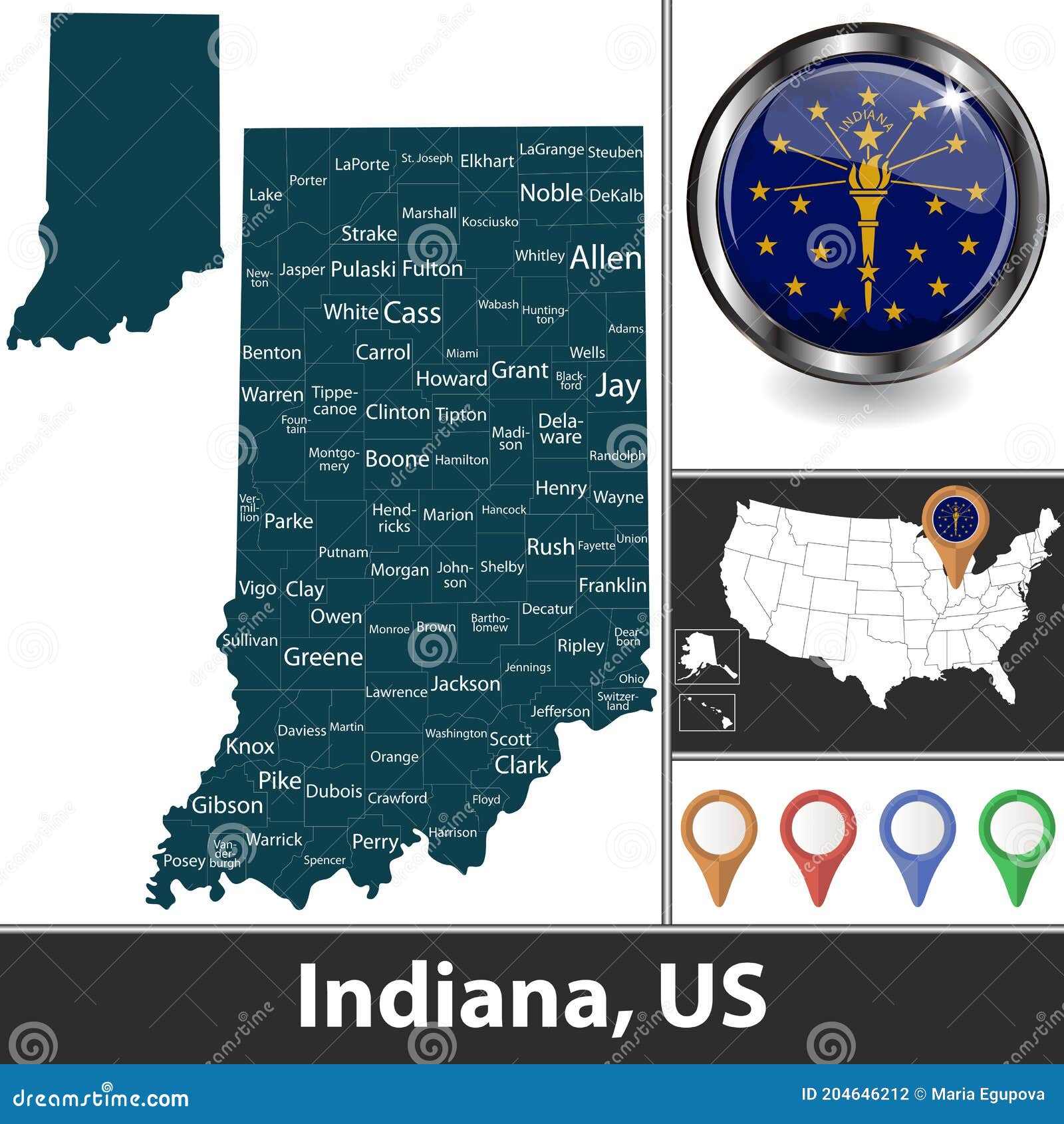 Map of Indiana, US stock vector. Illustration of areas - 204646212