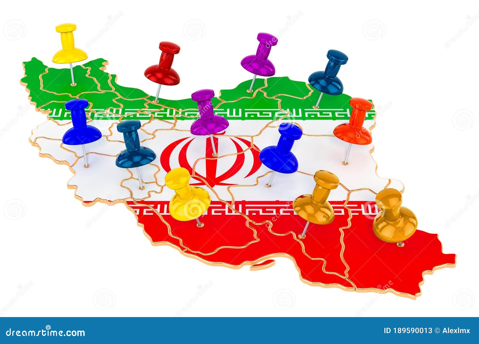 Map of Iran with Colored Push Pins, 3D Rendering Stock Illustration ...