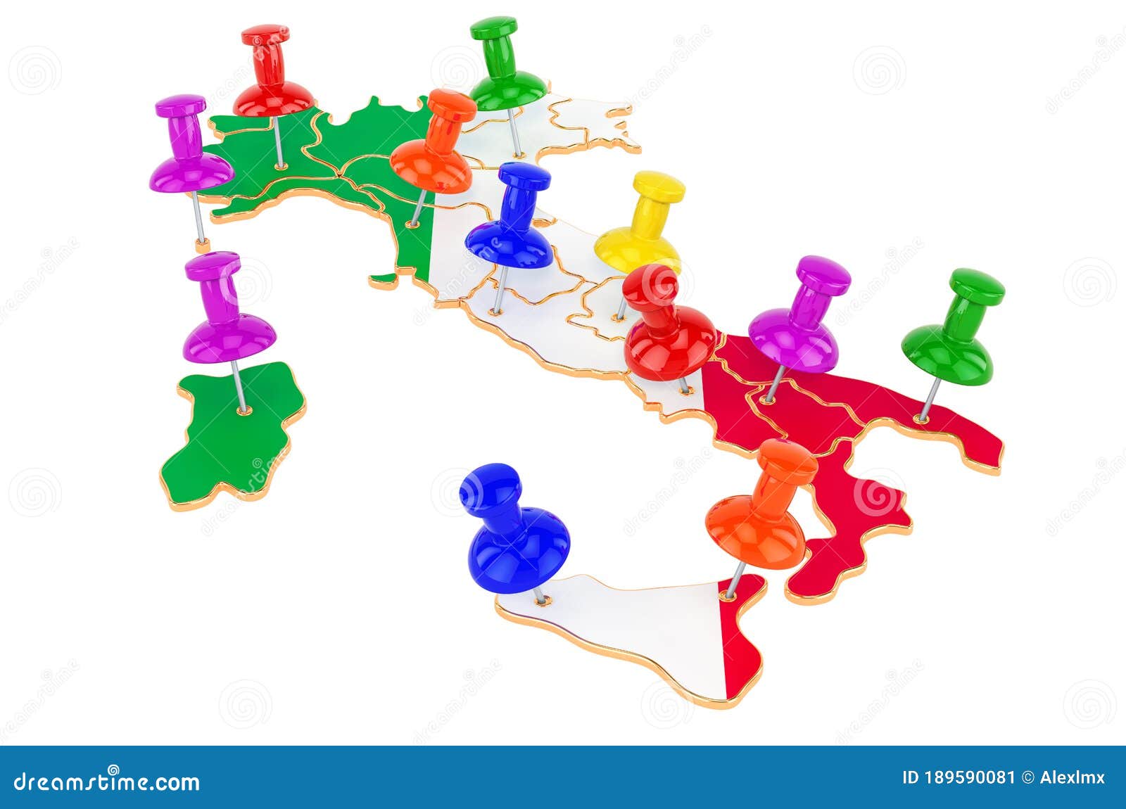 Map of Italy with Colored Push Pins, 3D Rendering Stock Illustration ...