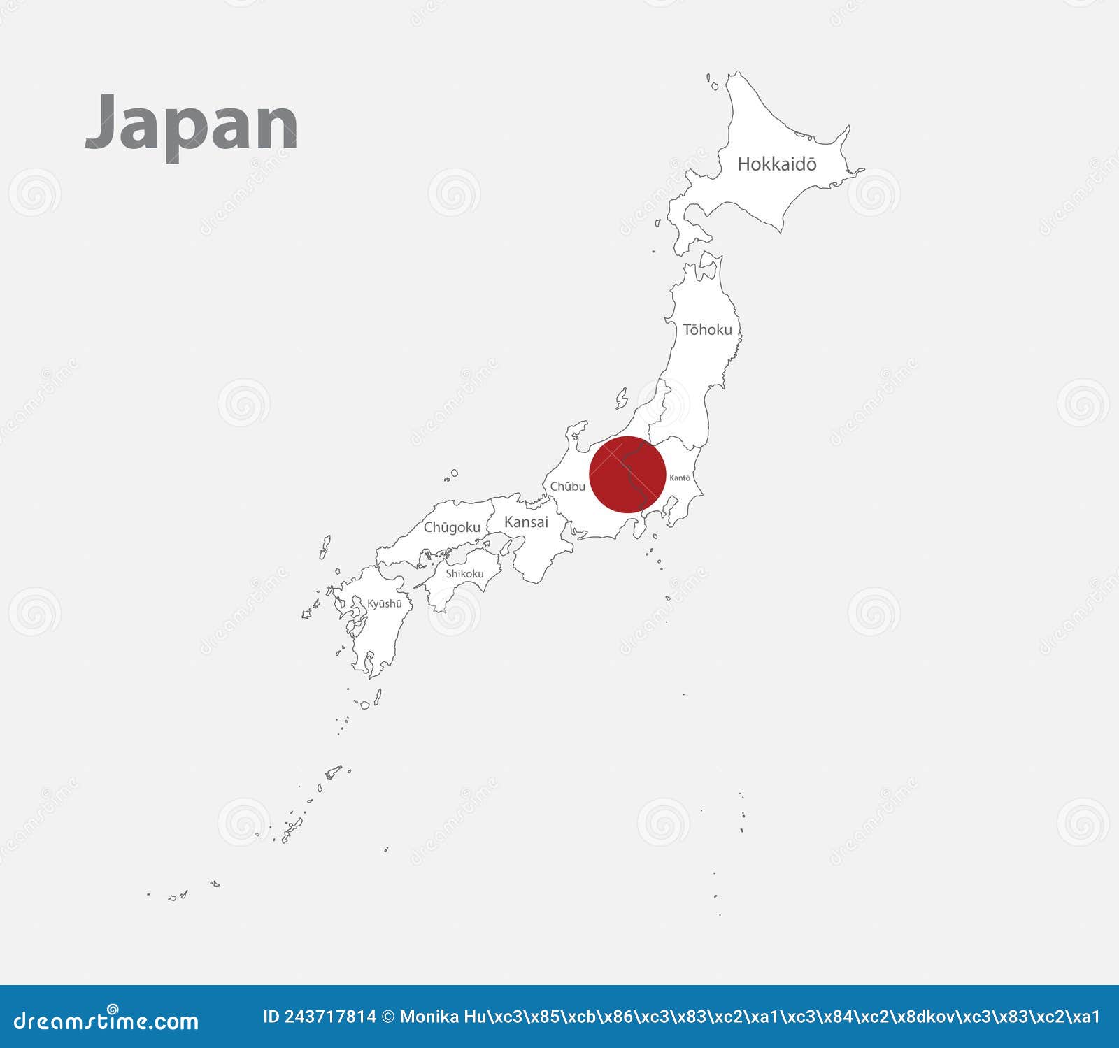 Map of the Japan in the Colors of the Flag with Current Regions and ...