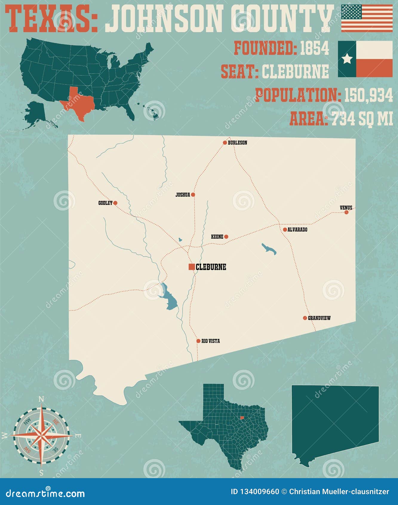 Map of Johnson County in Texas Stock Vector - Illustration of city, seat: 134009660