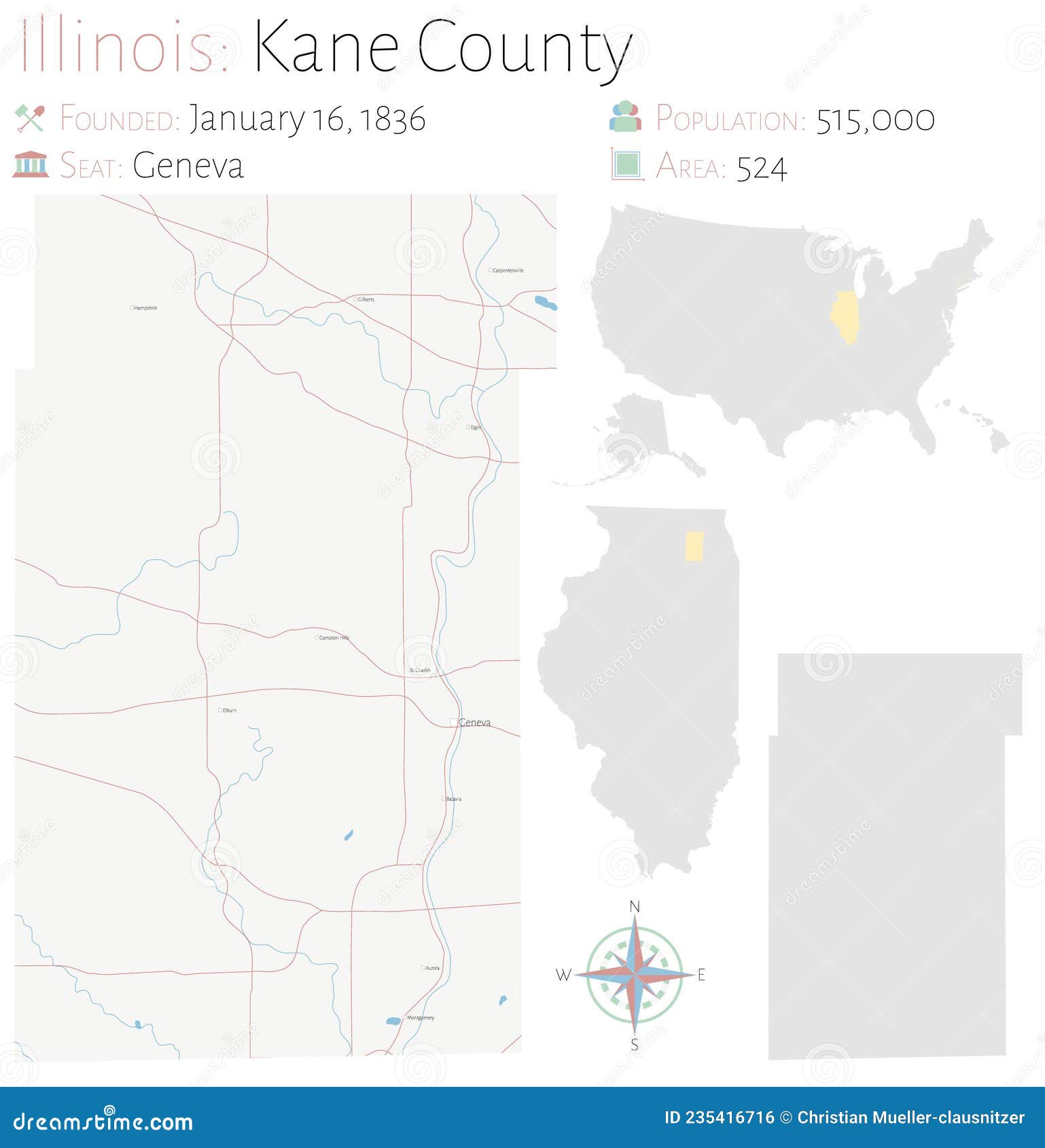 Map of Kane County in Illinois Stock Vector - Illustration of geneva ...