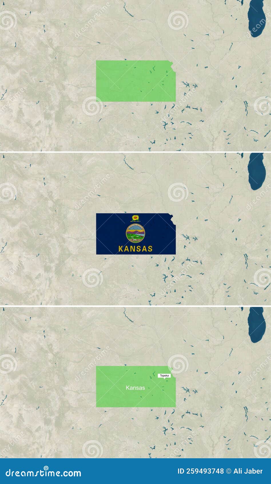 The Map of Kansas with Text, Textless, and with Flag Stock Illustration ...