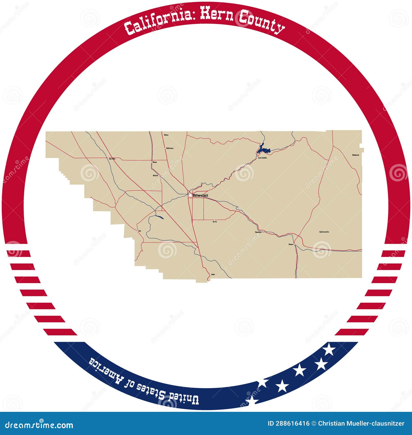 Map Of Kern County In California State On White Background. Single ...
