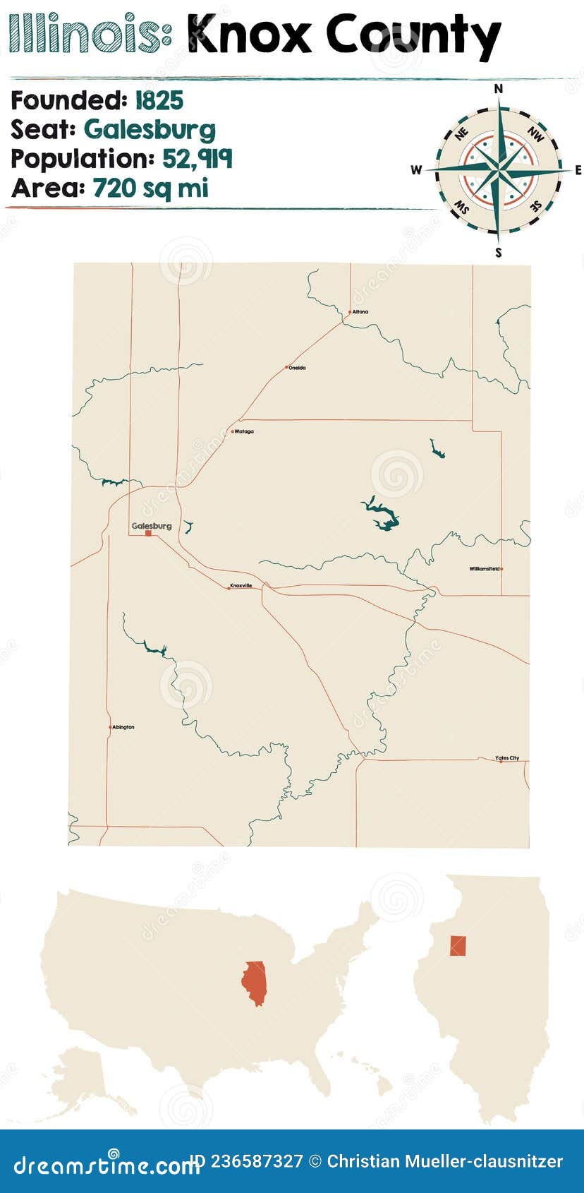 Map of Knox County in Illinois Stock Vector - Illustration of road ...