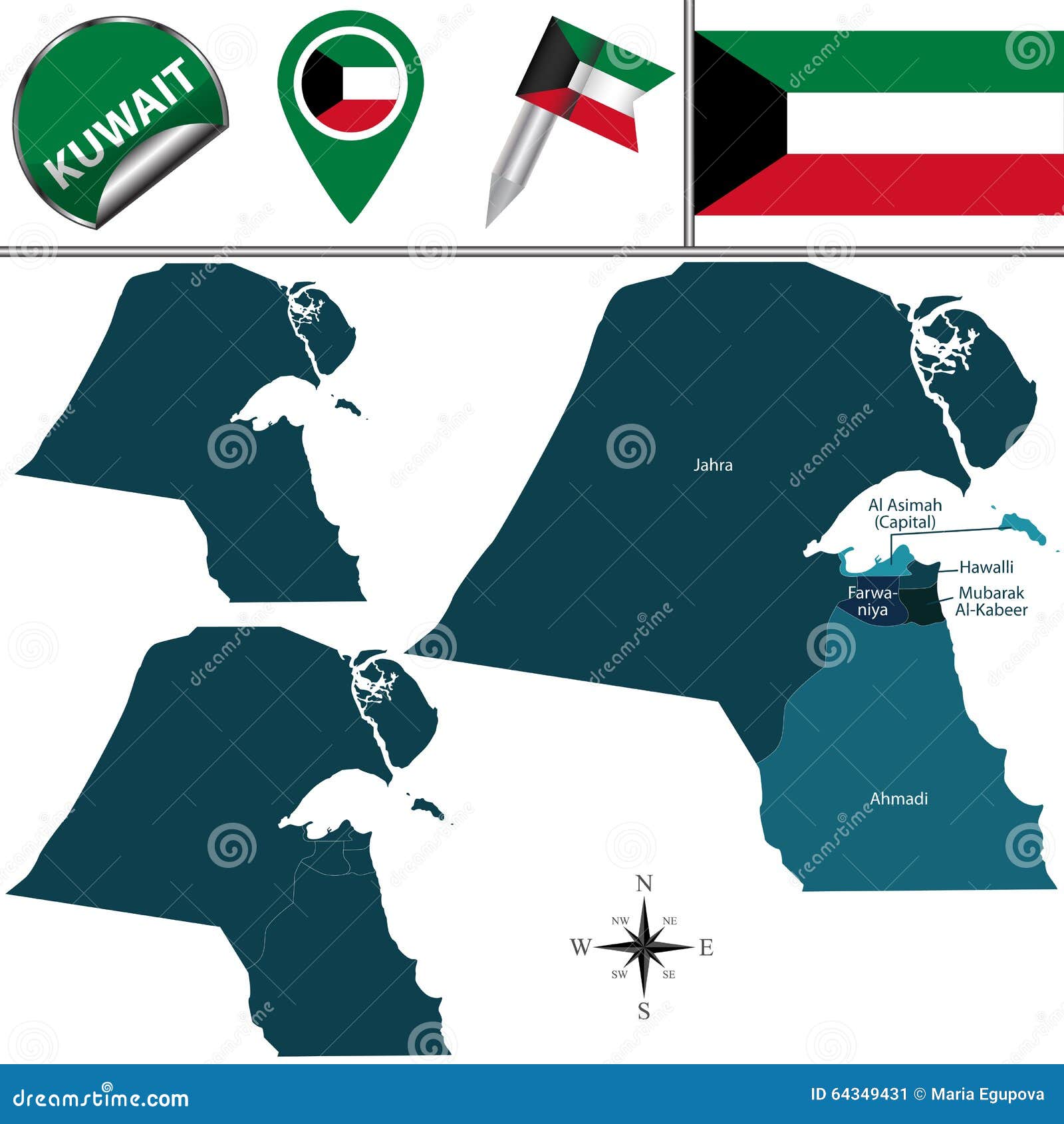 Map of Kuwait stock vector. Illustration of farwaniya - 64349431