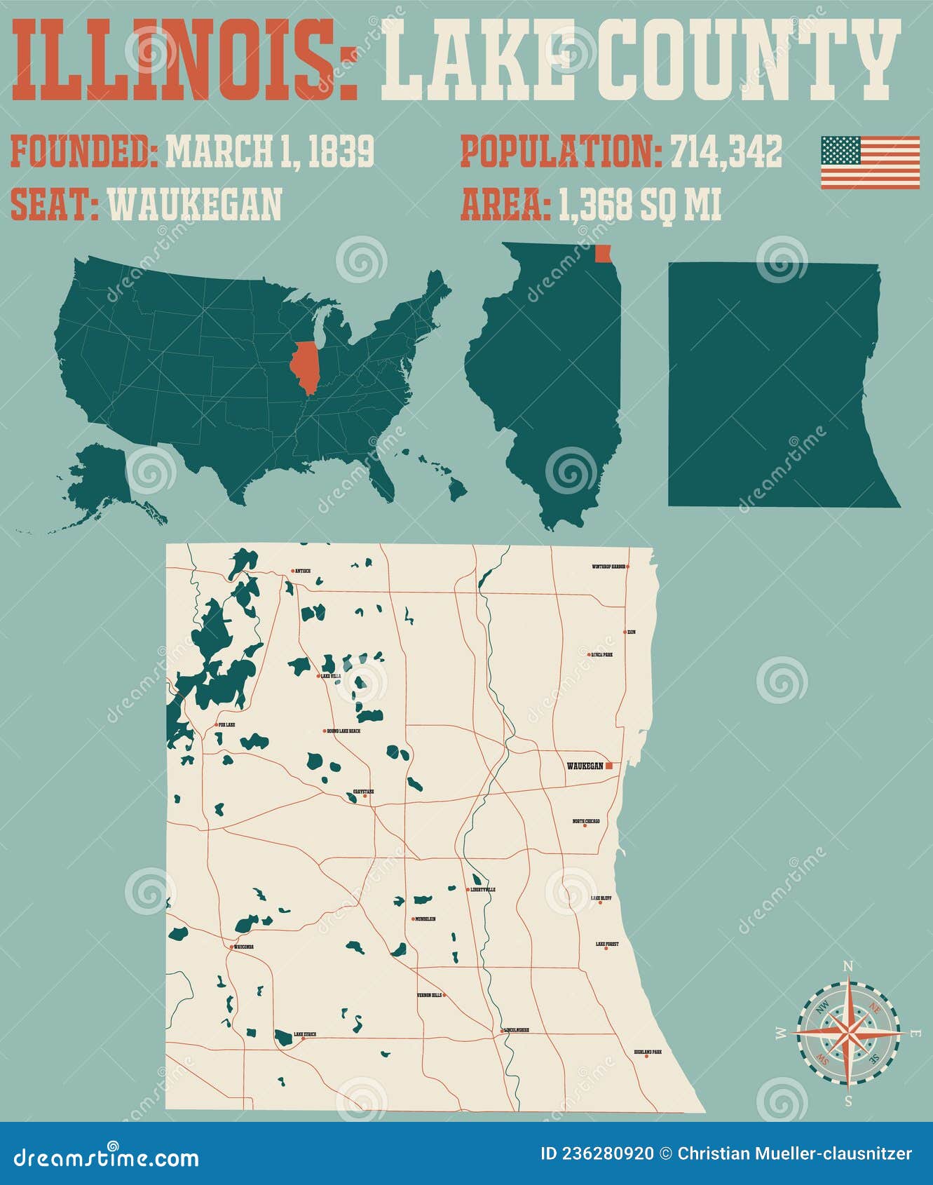 Map of Lake County in Illinois Stock Vector - Illustration of nation ...