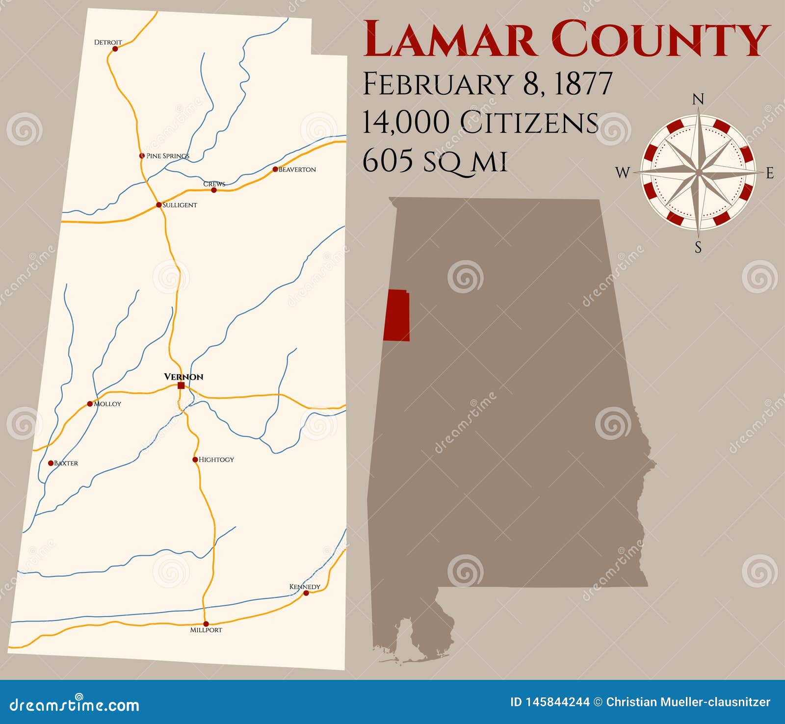 Map Of Lamar County In Mississippi State On White Background. Single ...