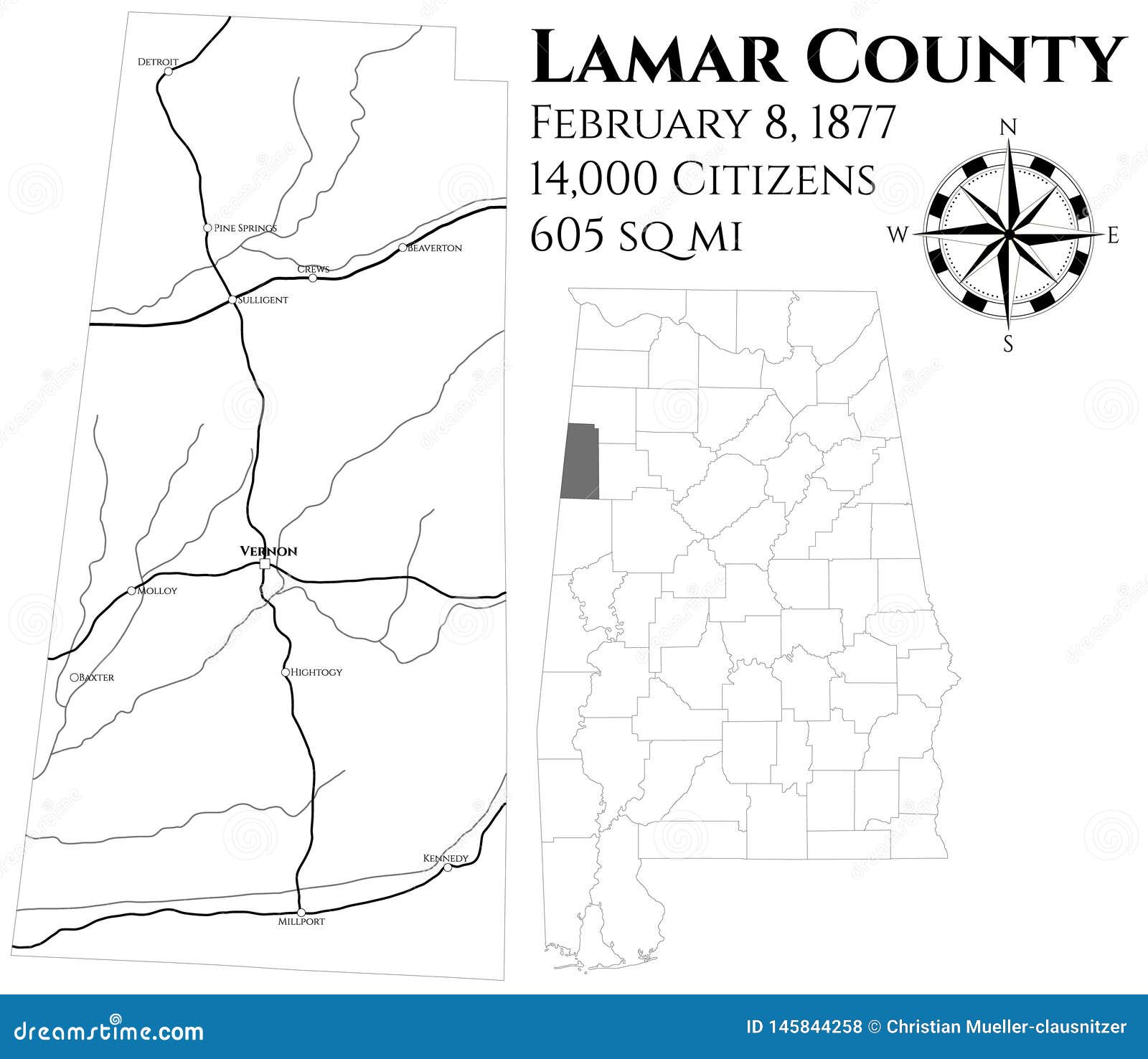 Map of Lamar County in Alabama Stock Vector - Illustration of road ...