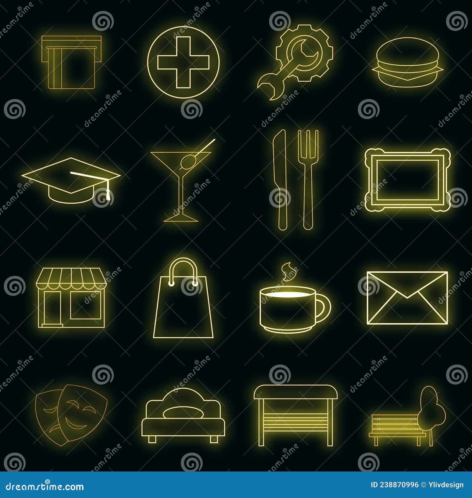 Map Landmarks Objects Icons Set Vector Neon Stock Vector - Illustration ...