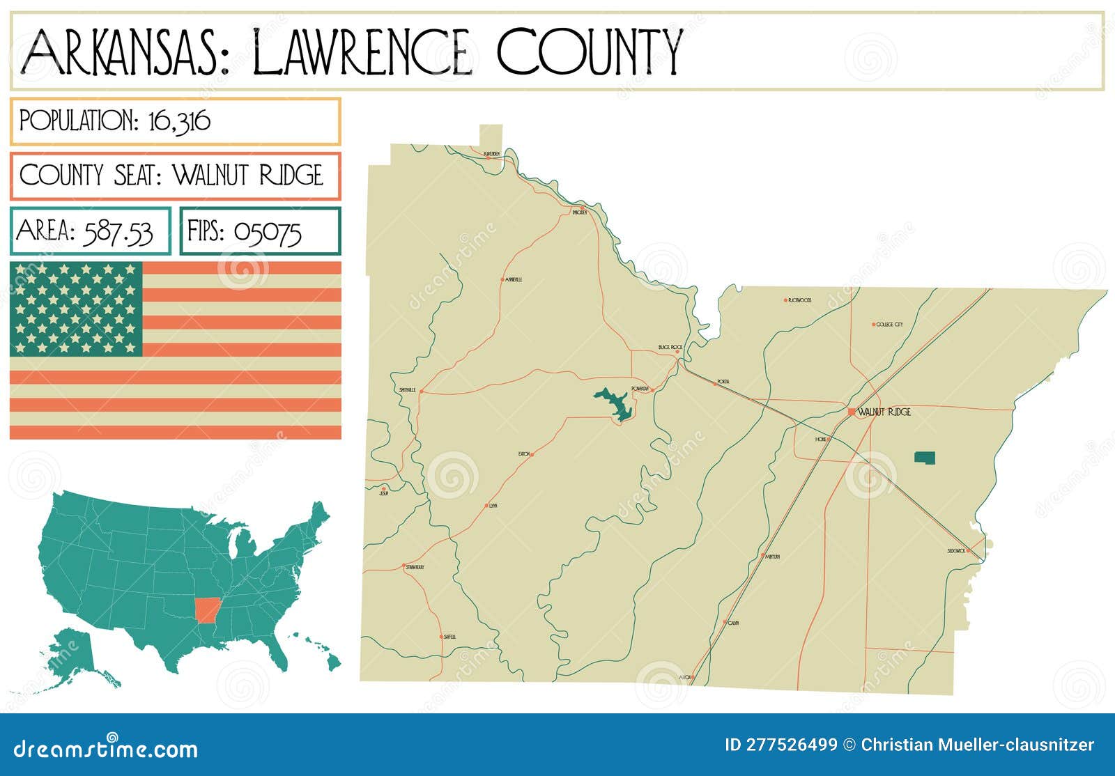 Map of Lawrence County in Arkansas, USA. Stock Vector - Illustration of ...