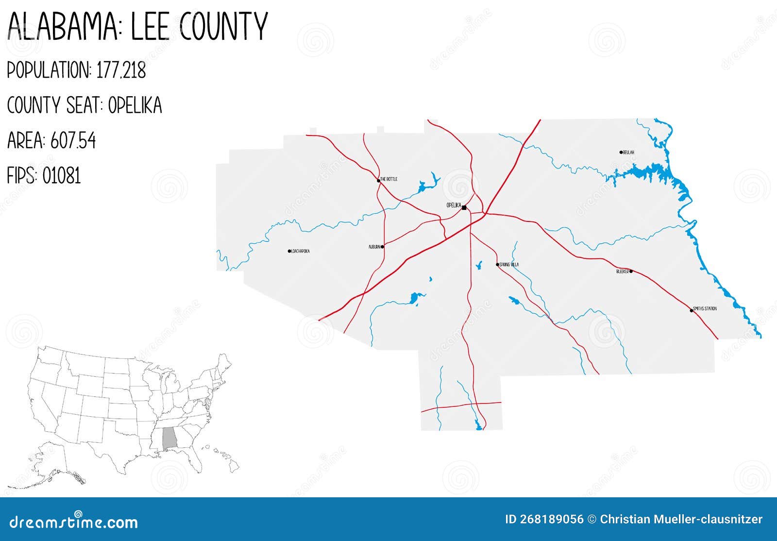 Map of Lee County in Alabama, USA. Stock Vector - Illustration of blue ...