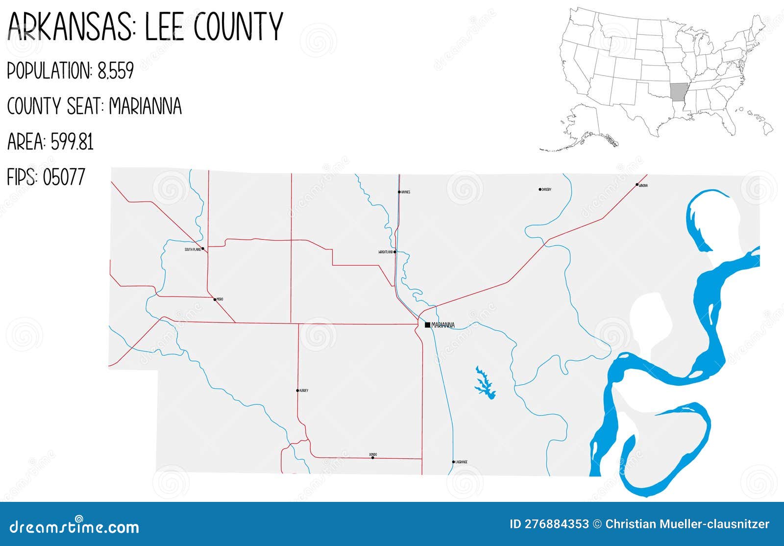 Map of Lee County in Arkansas, USA. Stock Vector - Illustration of ...