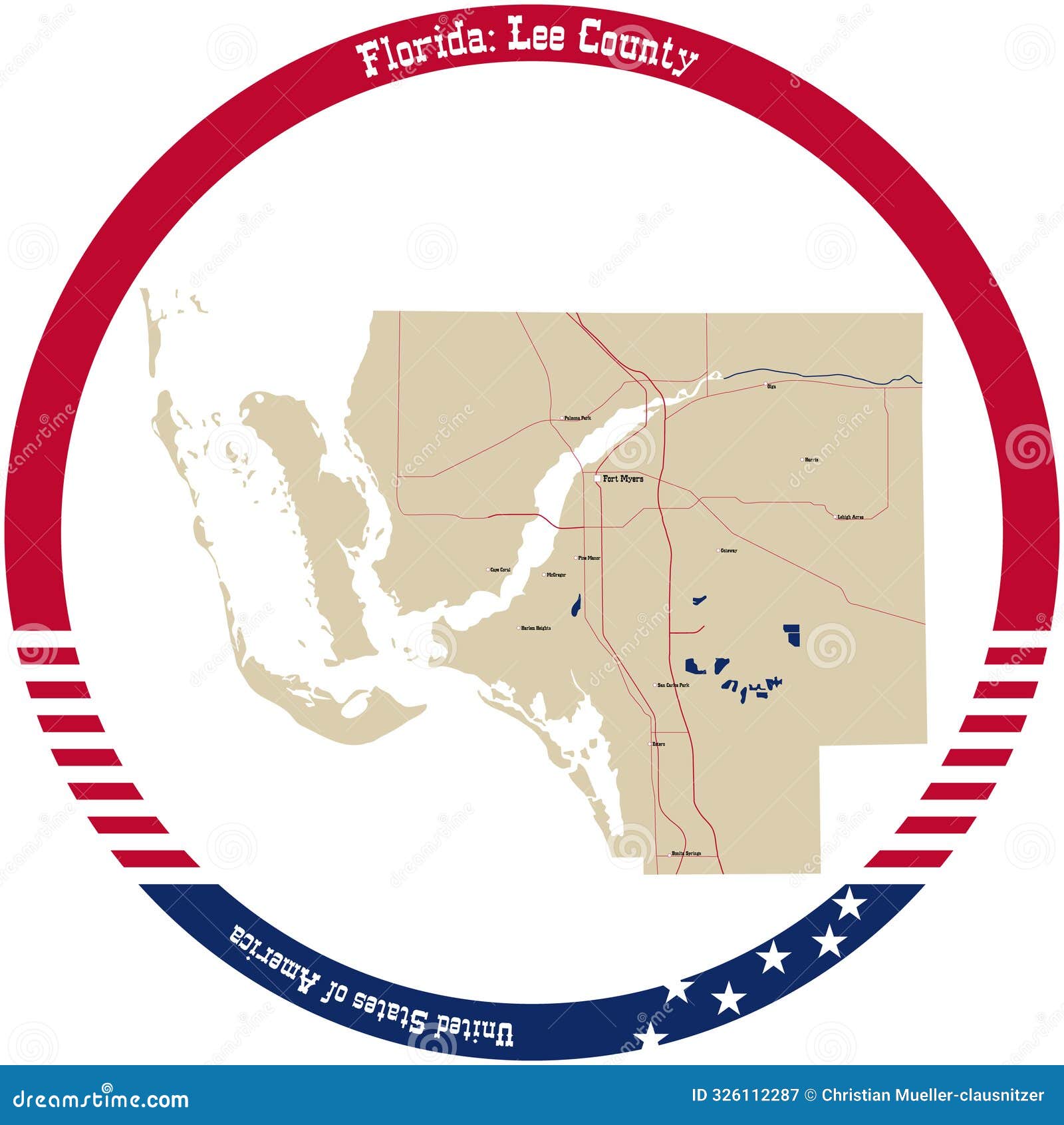 Map of Lee County in Florida, USA Stock Illustration - Illustration of ...