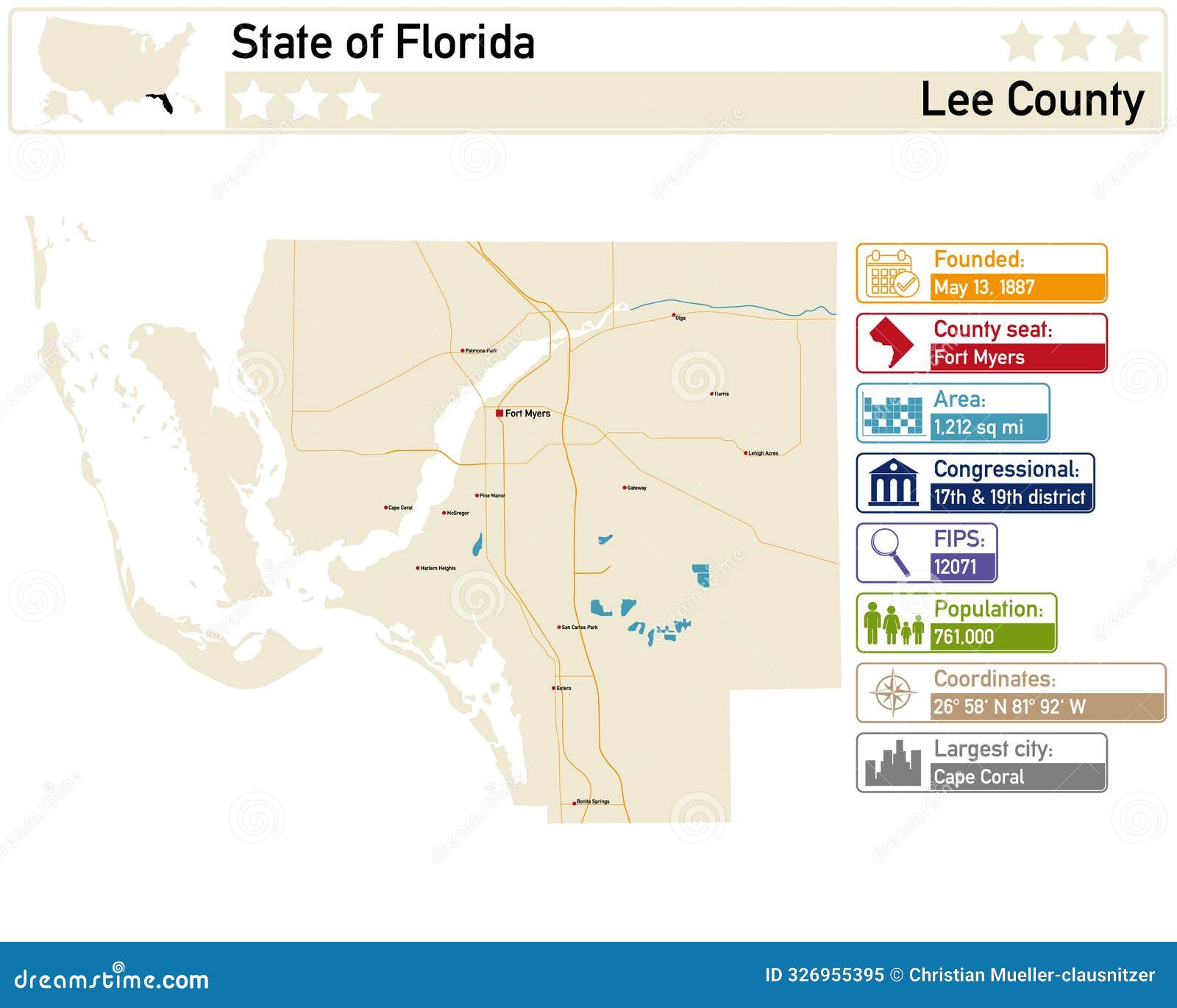 Map of Lee County in Florida USA. Stock Vector - Illustration of ...