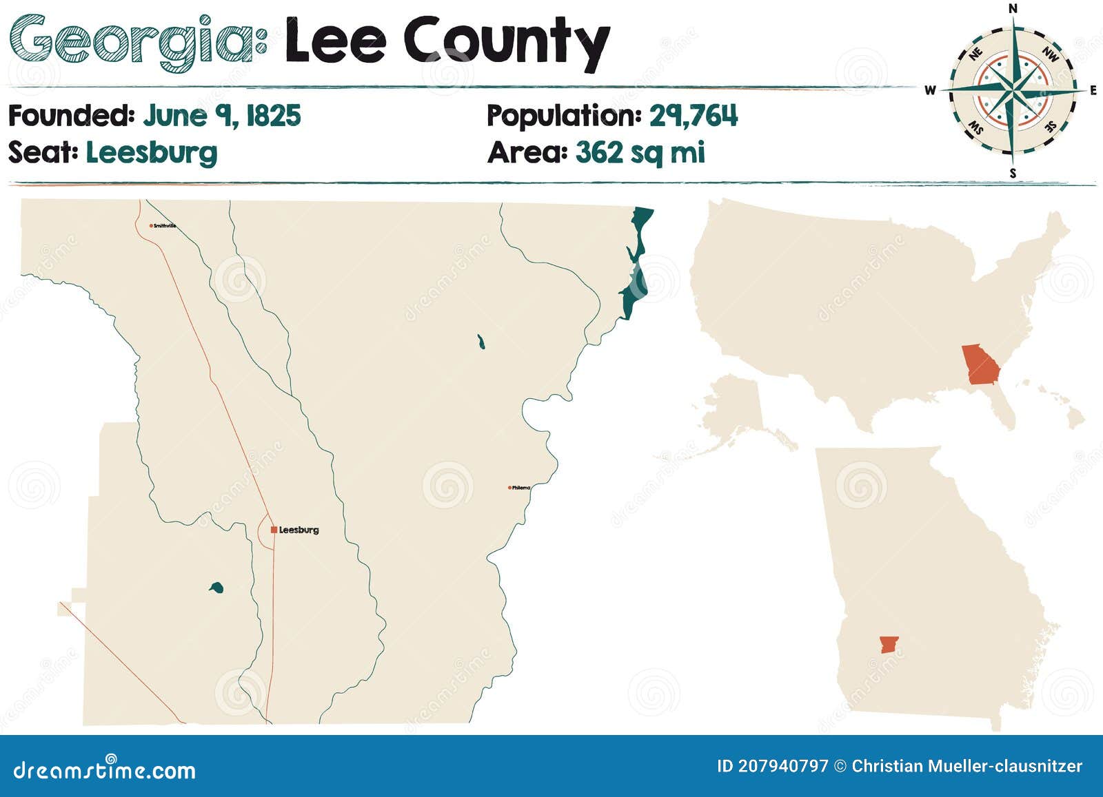 Map of Lee County in Georgia Stock Vector - Illustration of roads ...