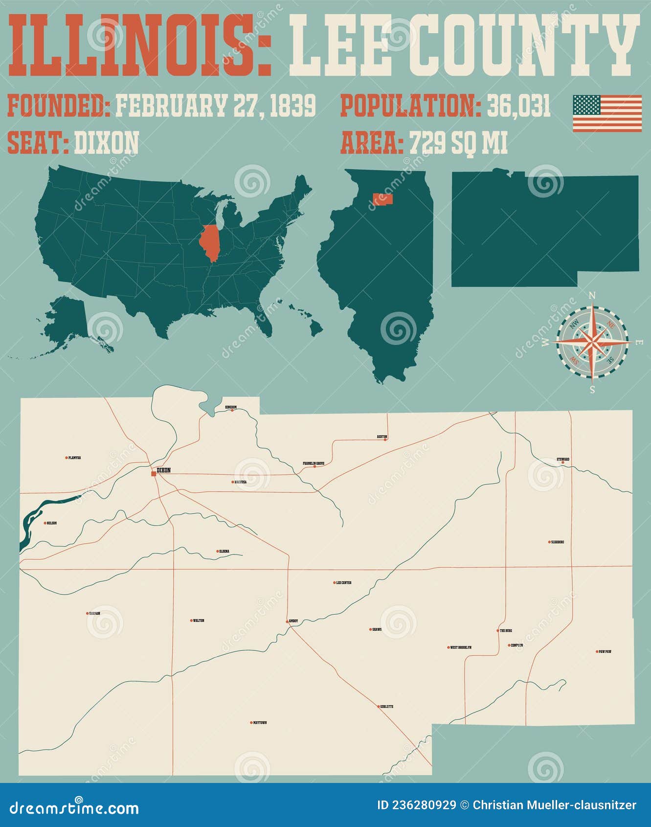 Map of Lee County in Illinois Stock Vector - Illustration of nation ...