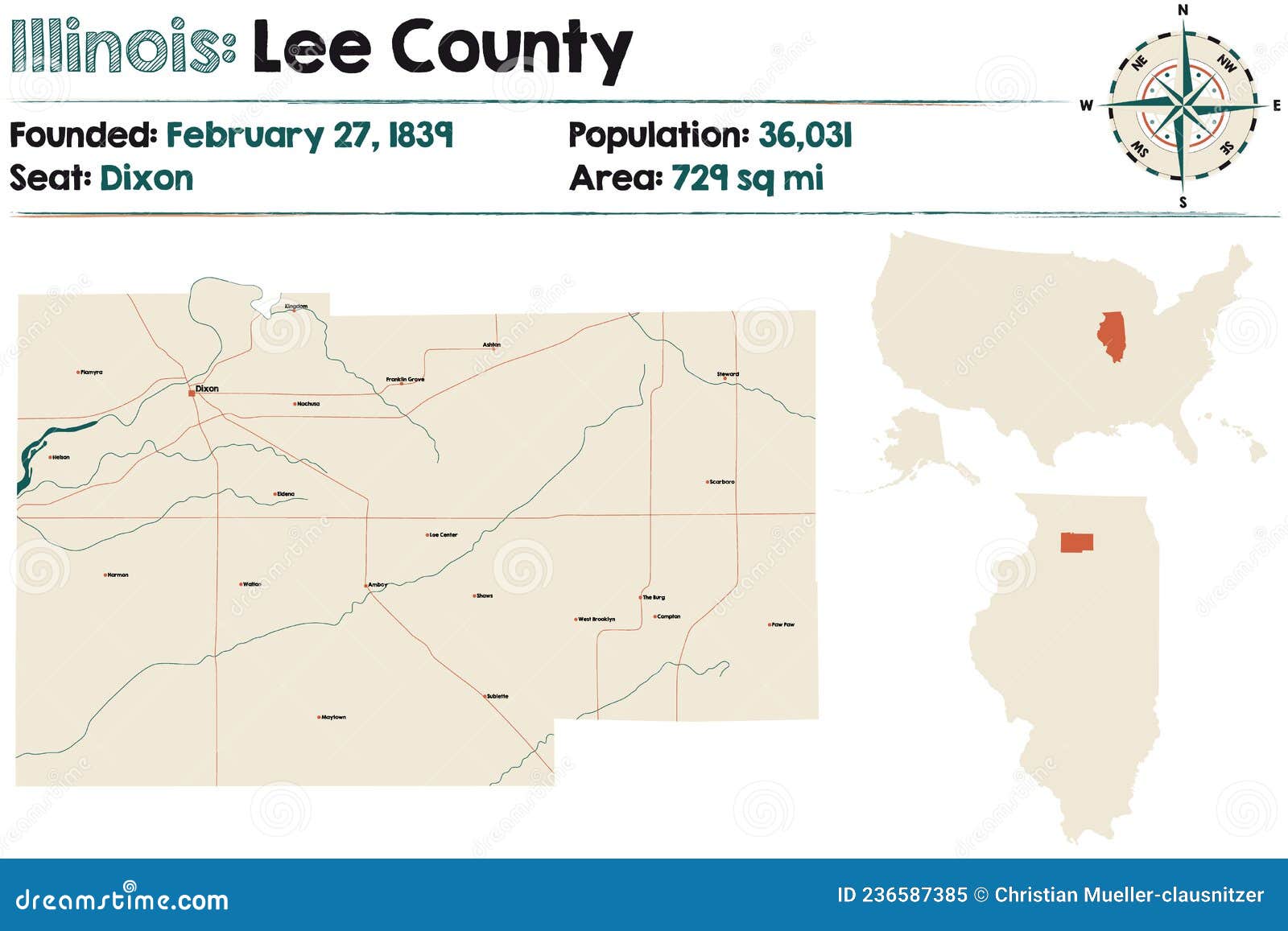 Map of Lee County in Illinois Stock Vector - Illustration of colorful ...