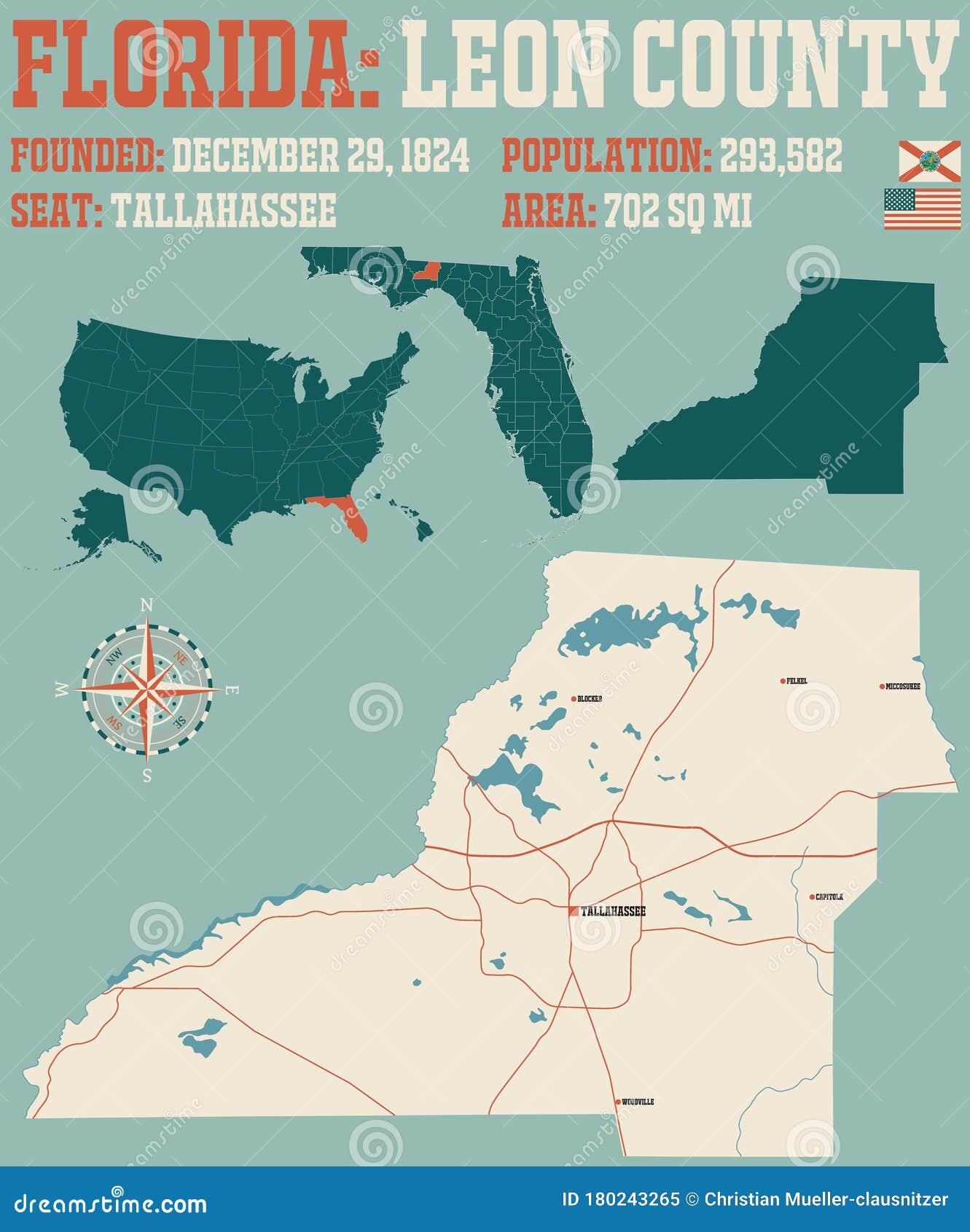 Map of Leon County in Florida Stock Vector - Illustration of blue, city ...