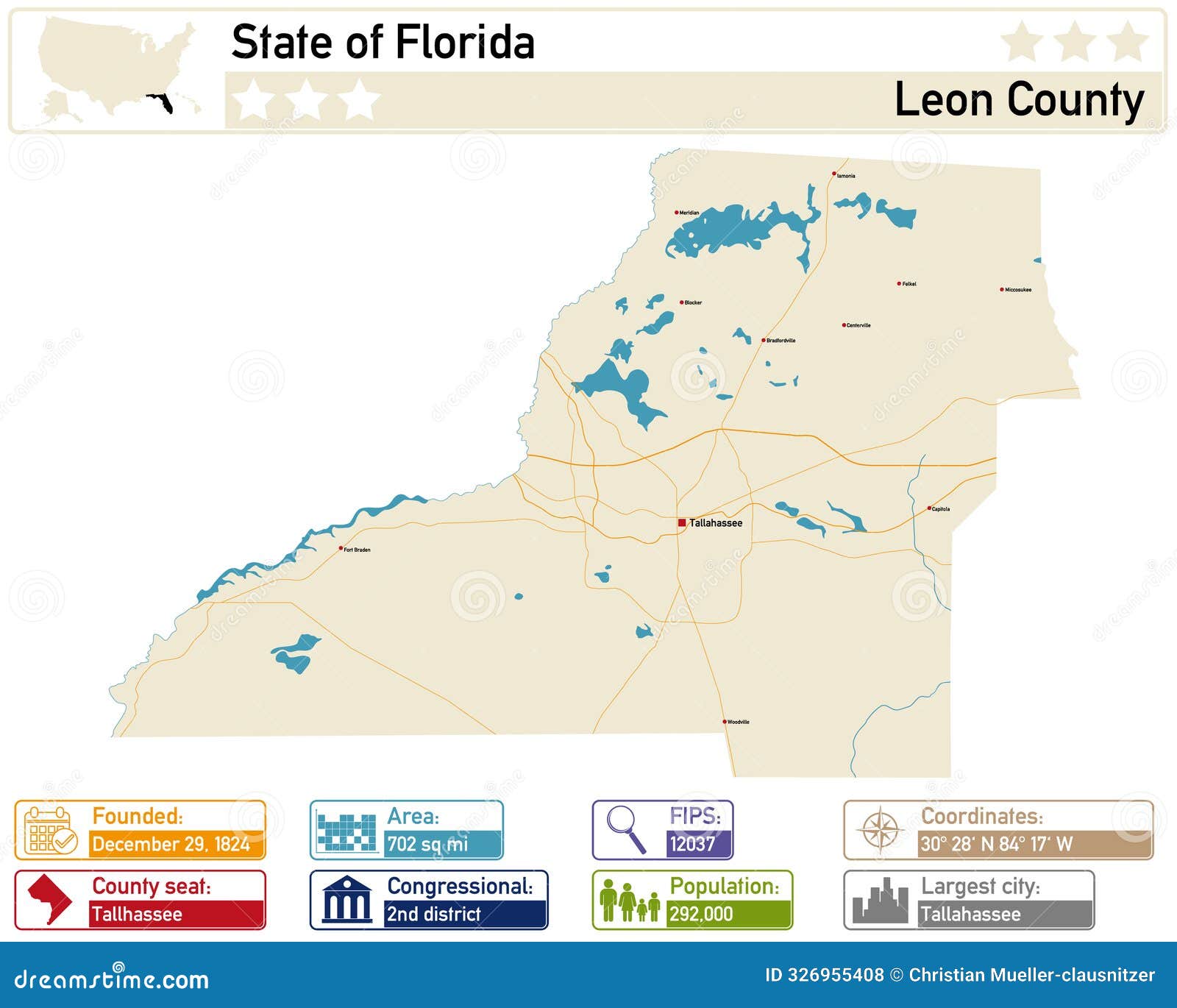 Map Of Leon County In Florida State On White Background. Single County ...