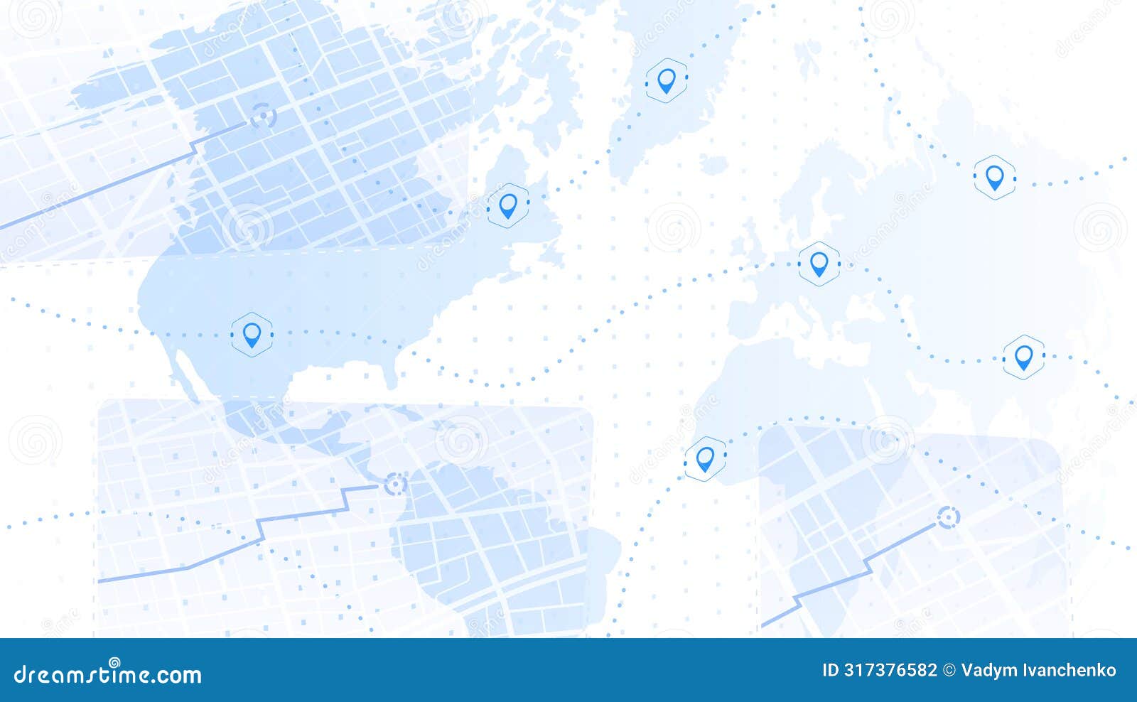 Map Light Blue Color, Covered in Various Countries and Cities. Lines ...