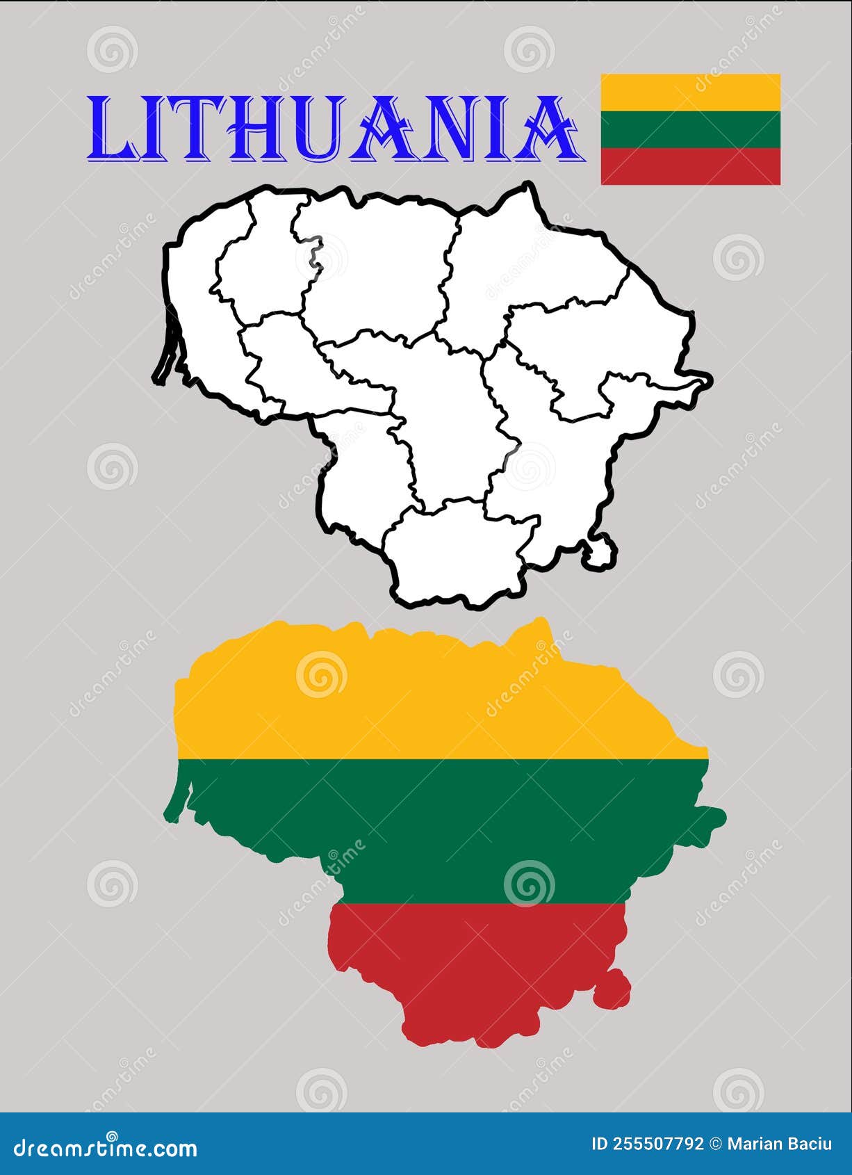 Map of Lithuania with Regions and Flag Draw and Cut Out Stock ...