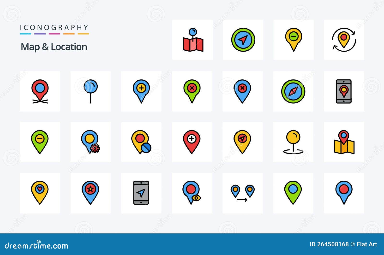 25 Map Location Line Filled Style Icon Pack Stock Vector - Illustration ...
