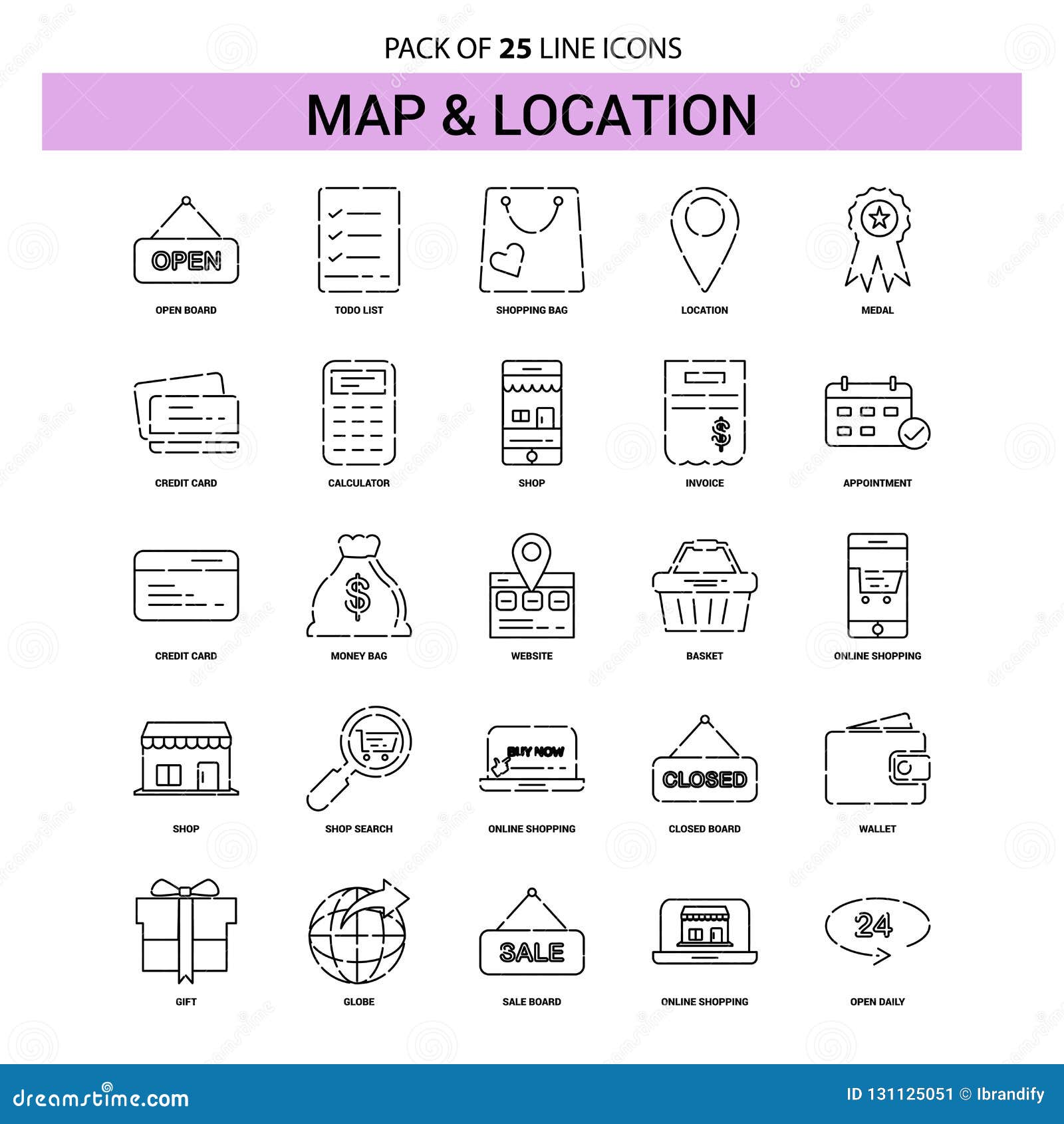 Map and Location Line Icon Set - 25 Dashed Outline Style Stock Vector ...