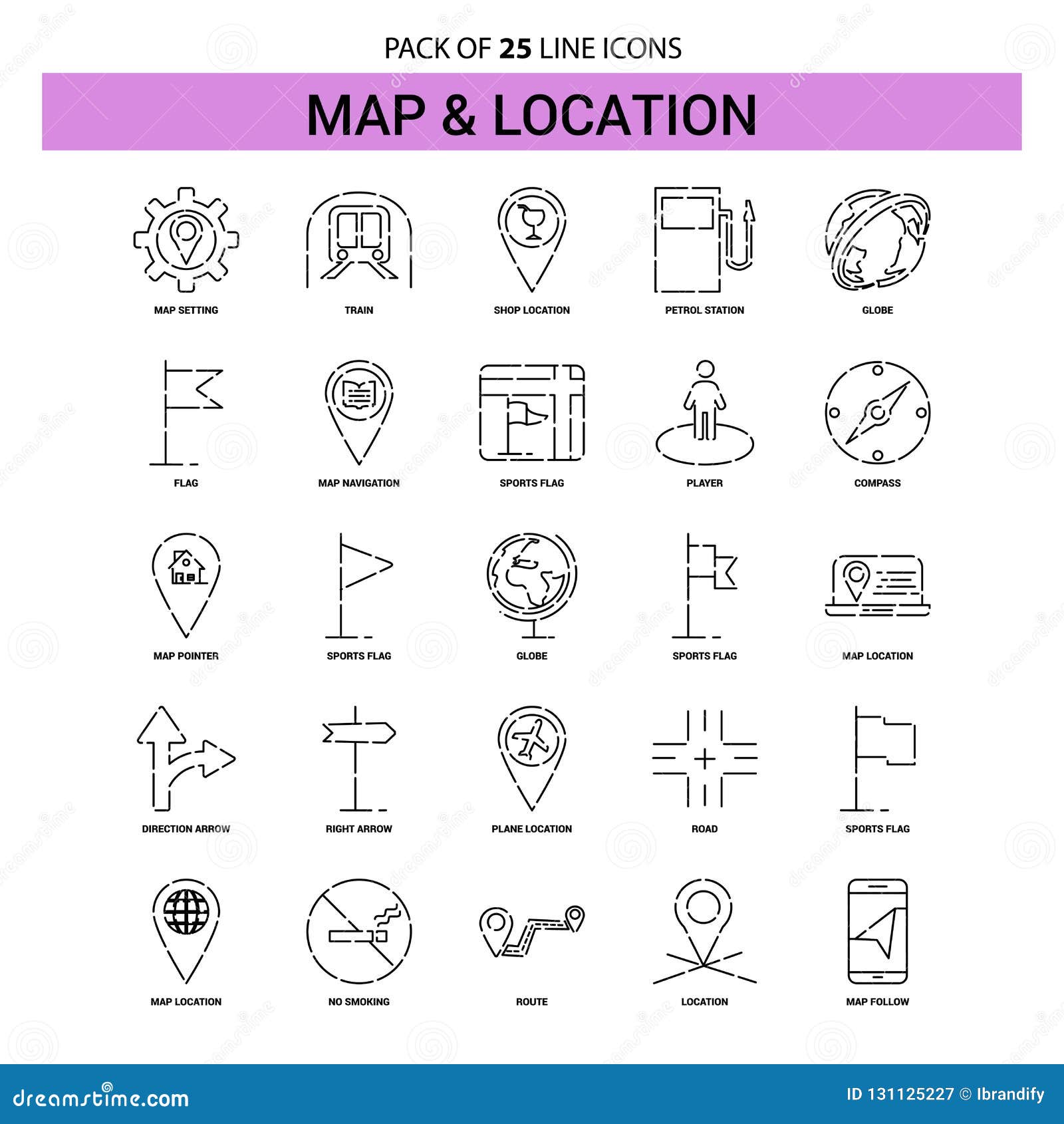 Map and Location Line Icon Set - 25 Dashed Outline Style Stock Vector ...