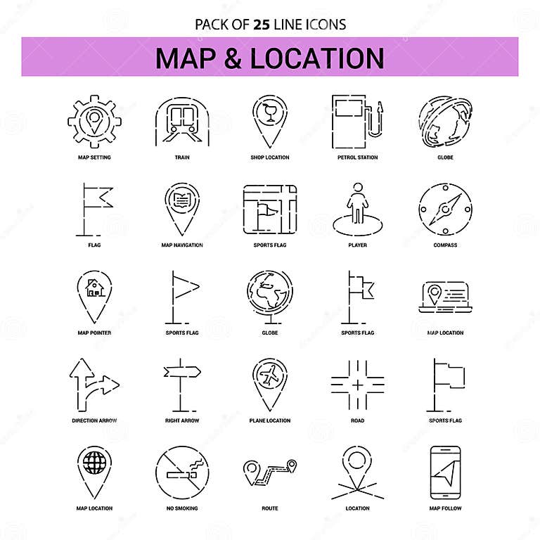 Map and Location Line Icon Set - 25 Dashed Outline Style Stock Vector ...
