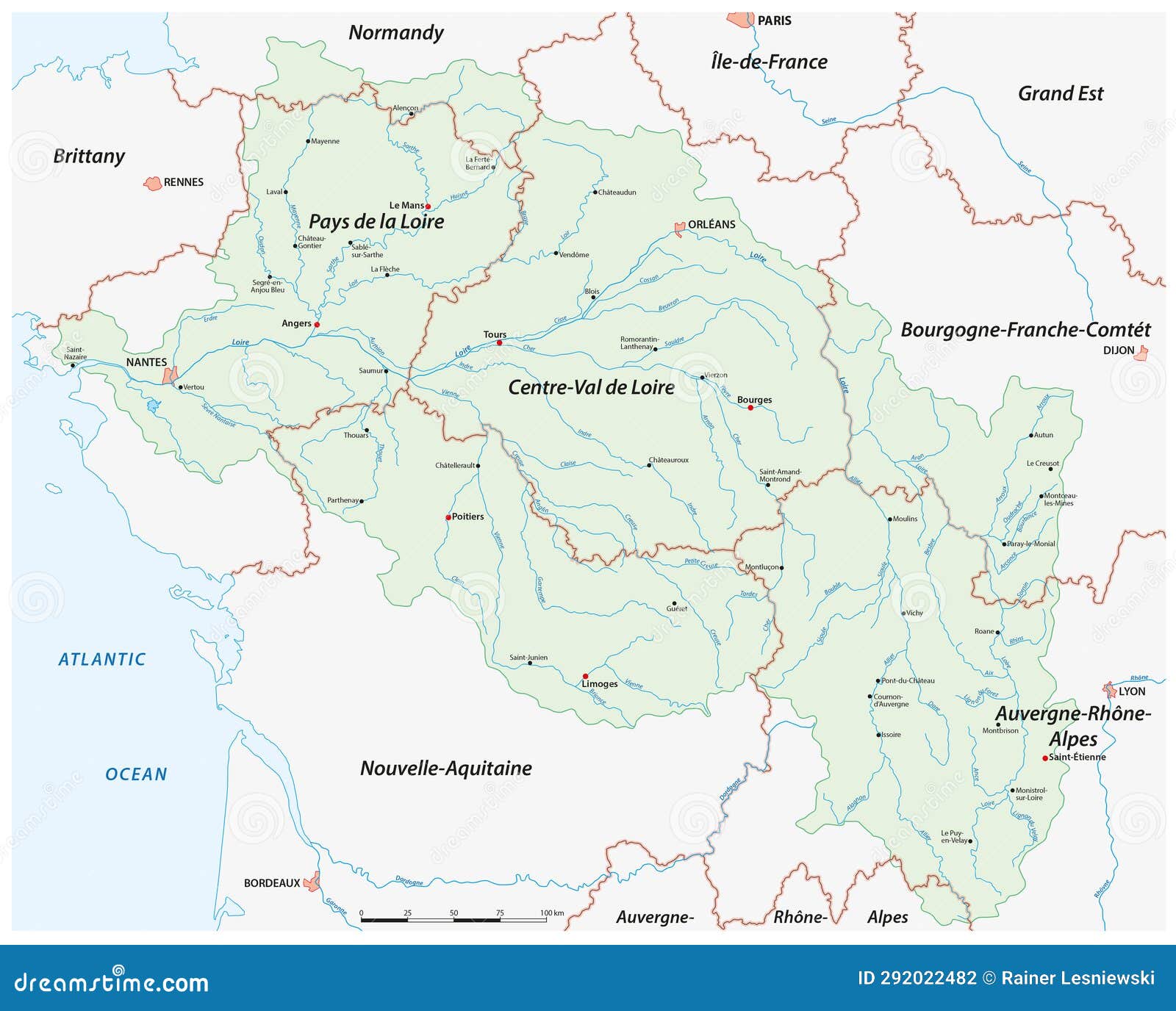 Map of the Loire River System, France Stock Vector - Illustration of ...