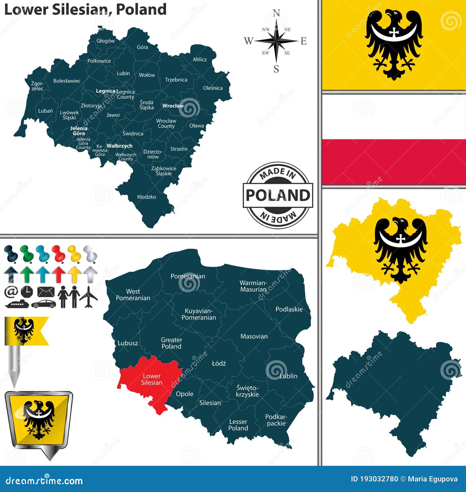 Map of Lower Silesian, Poland Stock Vector - Illustration of button ...