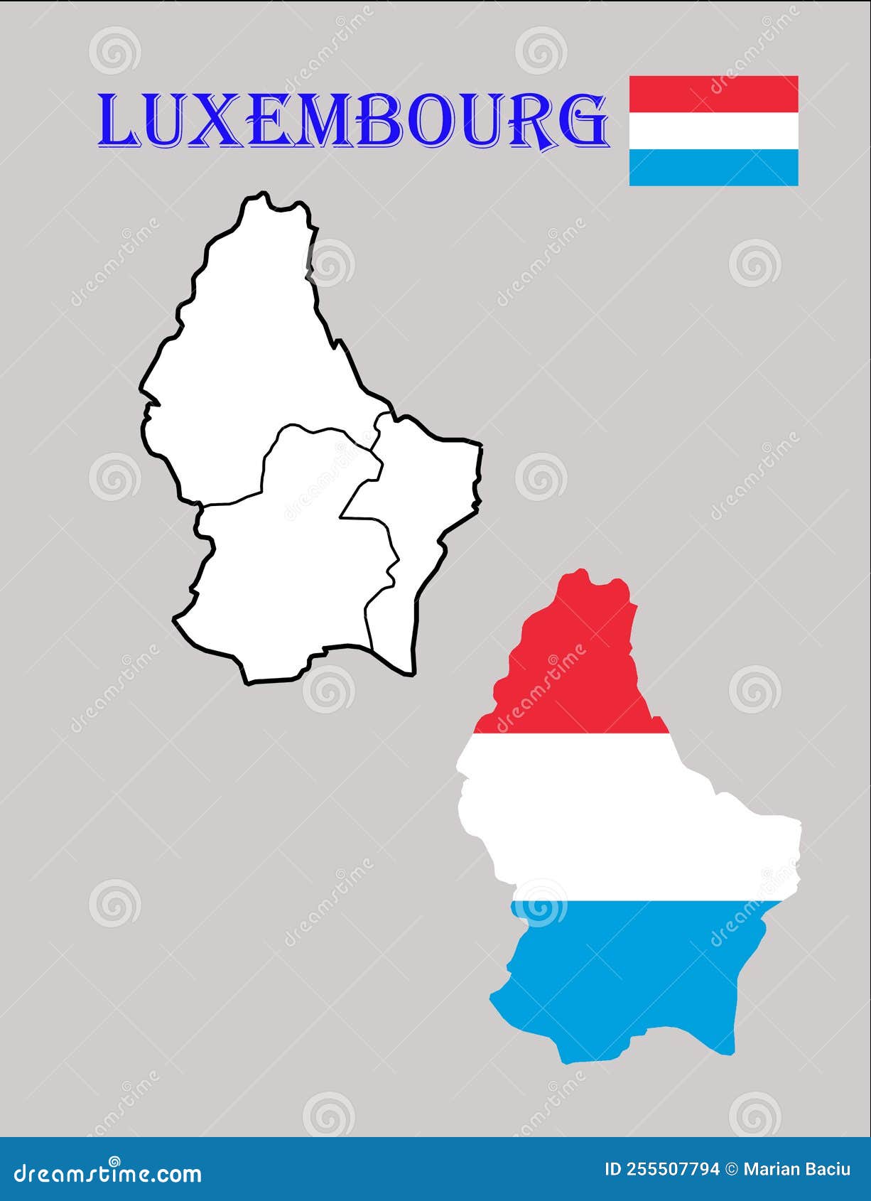 Map of Luxembourg with Regions and Flag Draw and Cut Out Stock ...