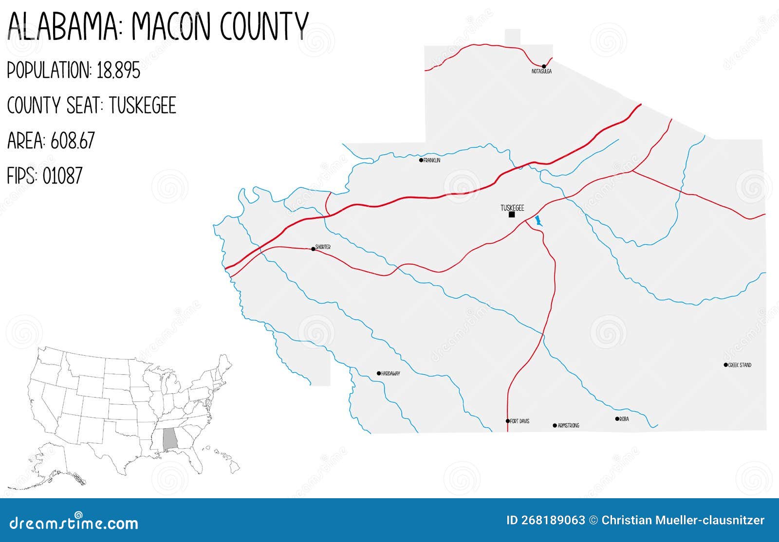 Map of Macon County in Alabama, USA. Stock Vector - Illustration of ...
