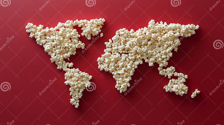Map Made of Popcorn on Red Background, Creative Snack Concept Stock ...