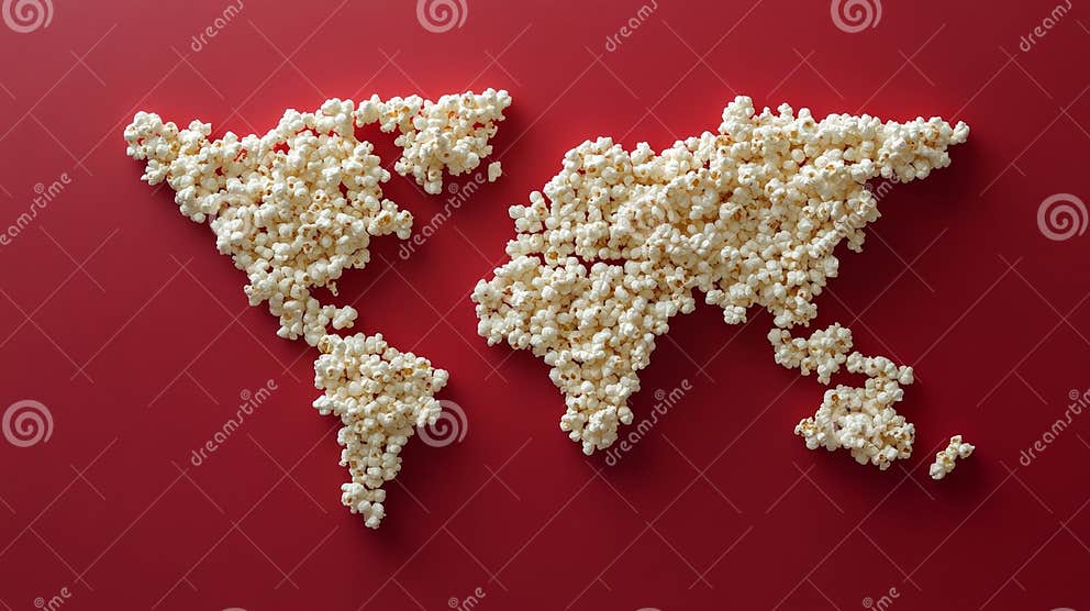 Map Made of Popcorn on Red Background, Creative Snack Concept Stock ...