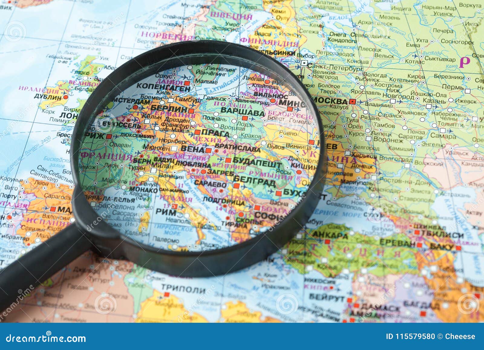 Map and magnifying glass. stock photo. Image of blue - 115579580