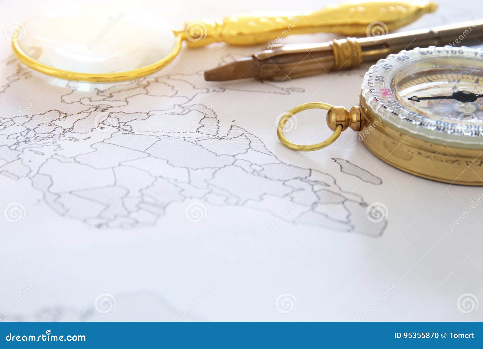 Map, Magnifying Glass and Old Compass. Selective Focus Stock Photo ...