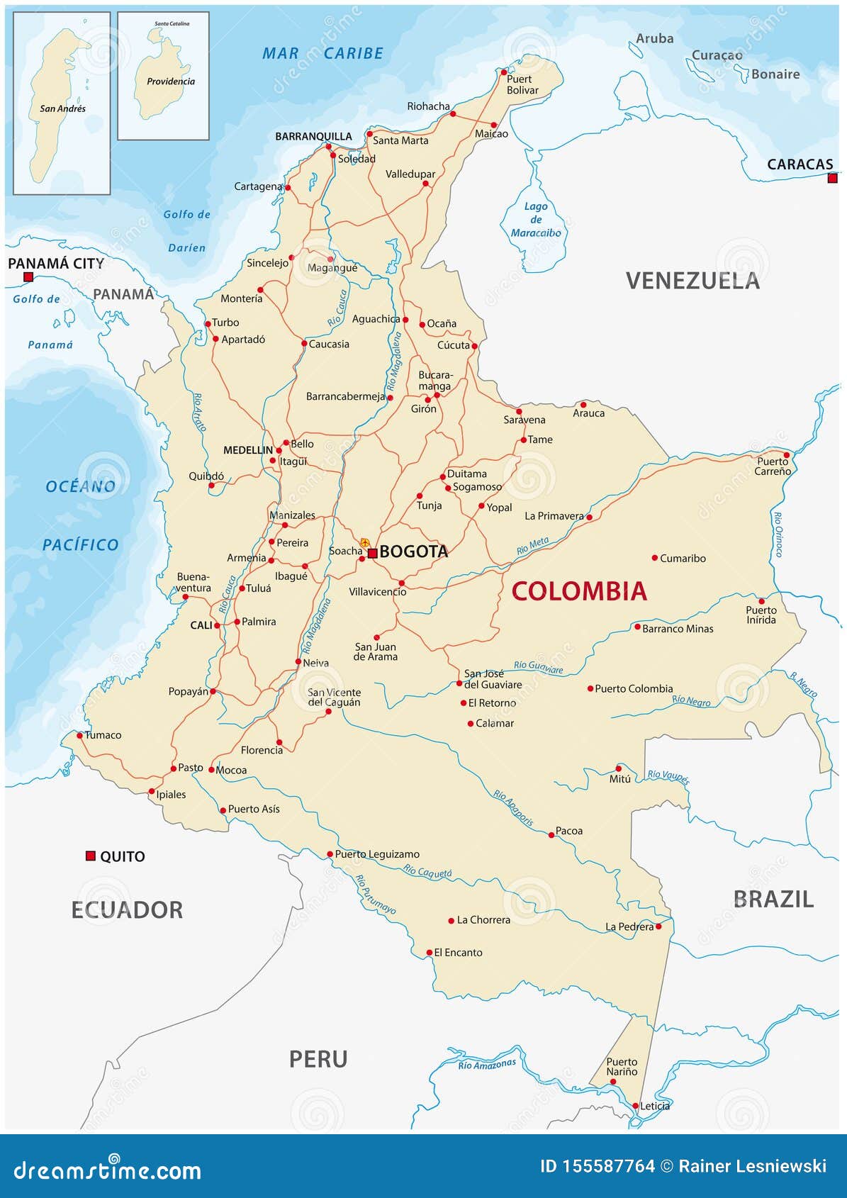Map with the Main Roads and Rivers of Colombia Stock Illustration ...