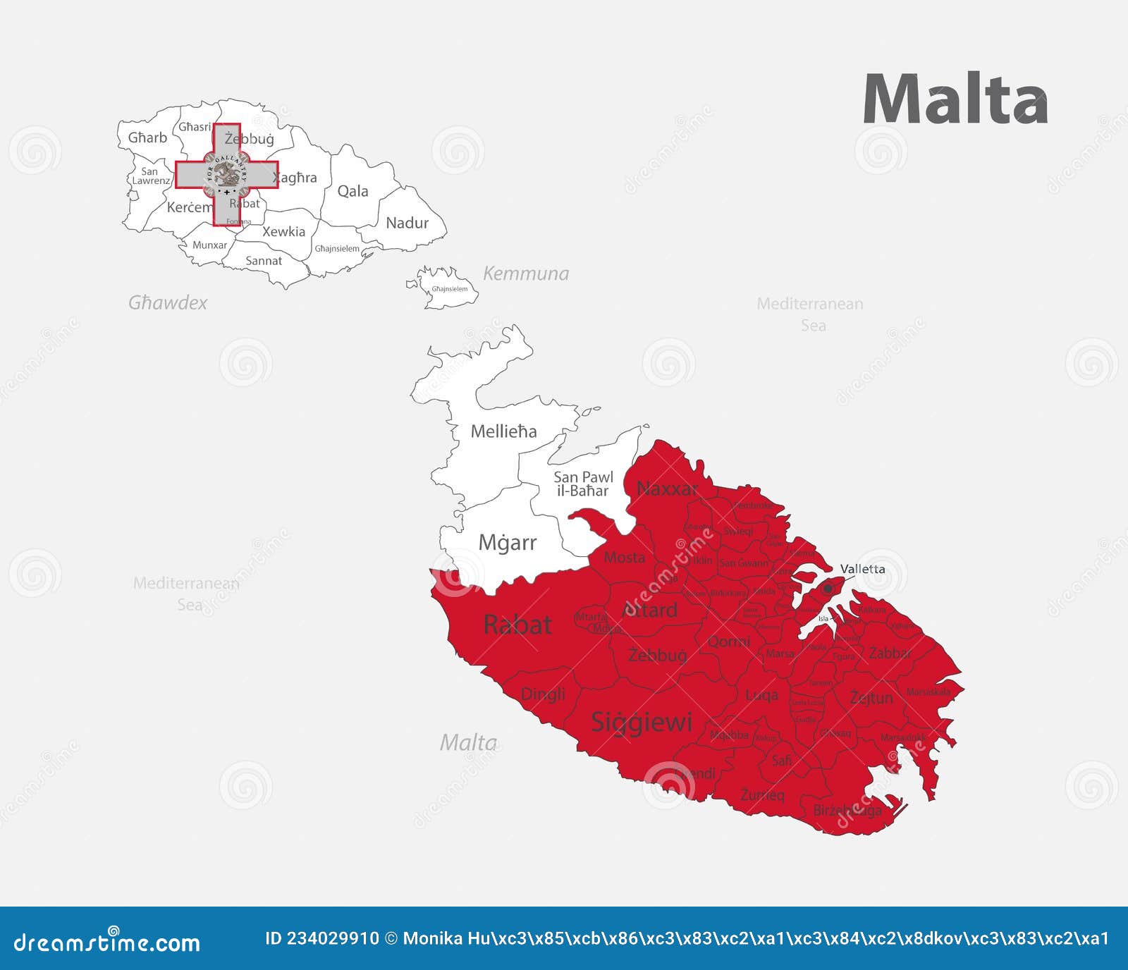Map of the Malta in the Colors of the Flag with Administrative ...