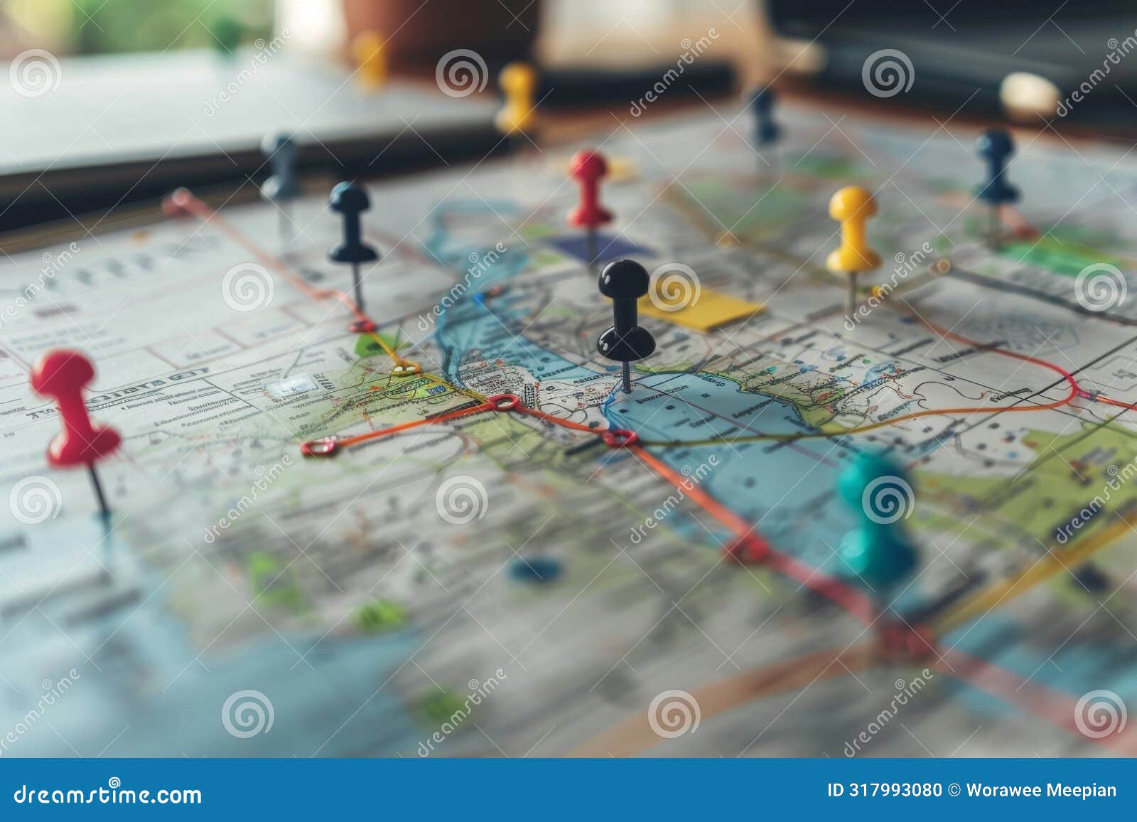 A Map with Many Pins on it, Some of Which are Yellow, Red, and Green ...