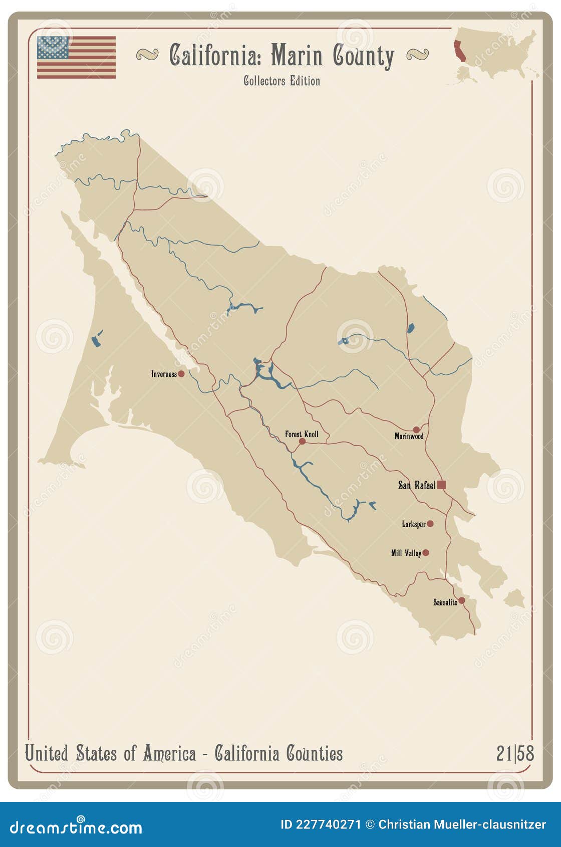 Map of Marin County in California Stock Vector - Illustration of ...