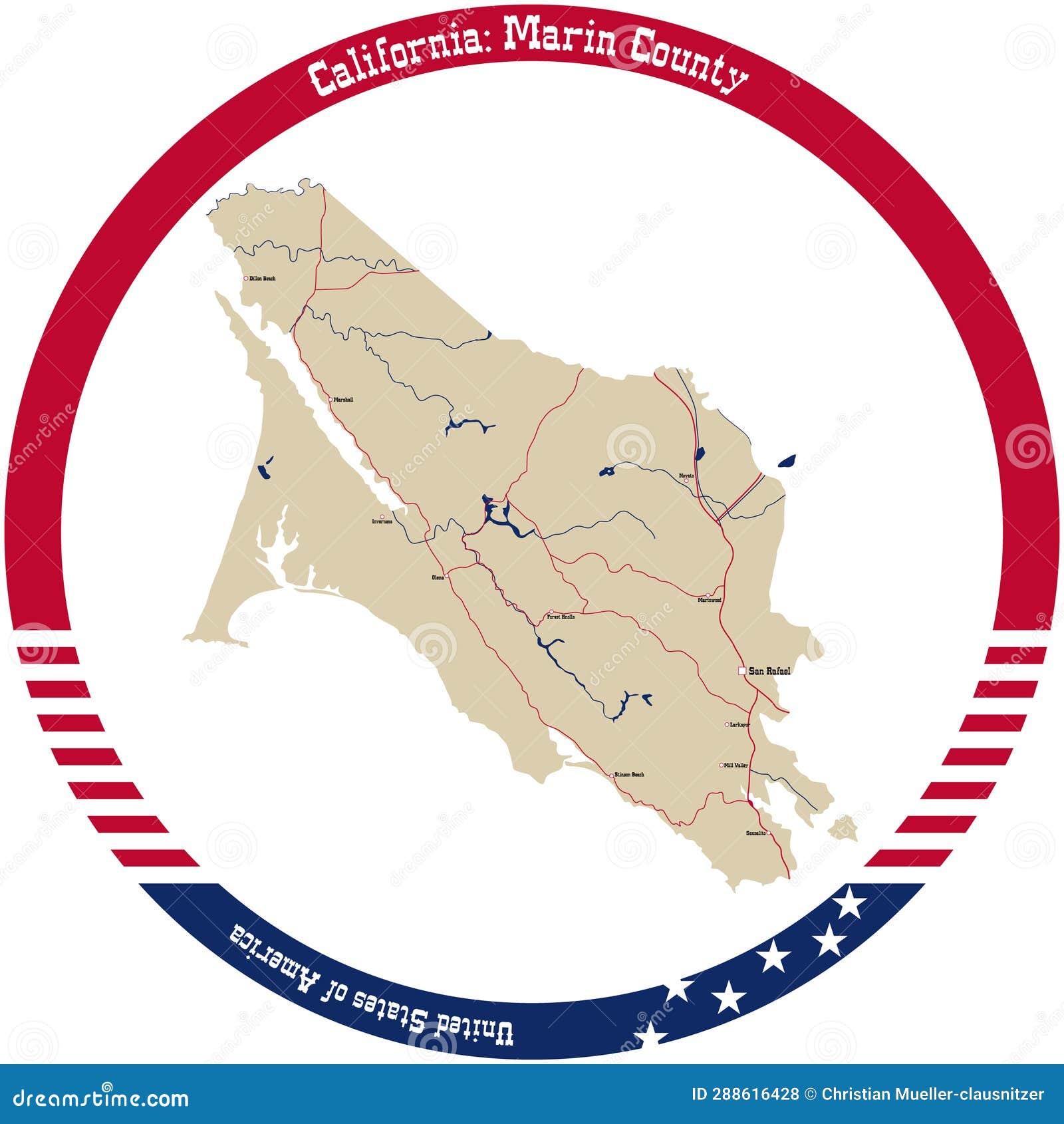 Map of Marin County in California, USA Stock Illustration ...