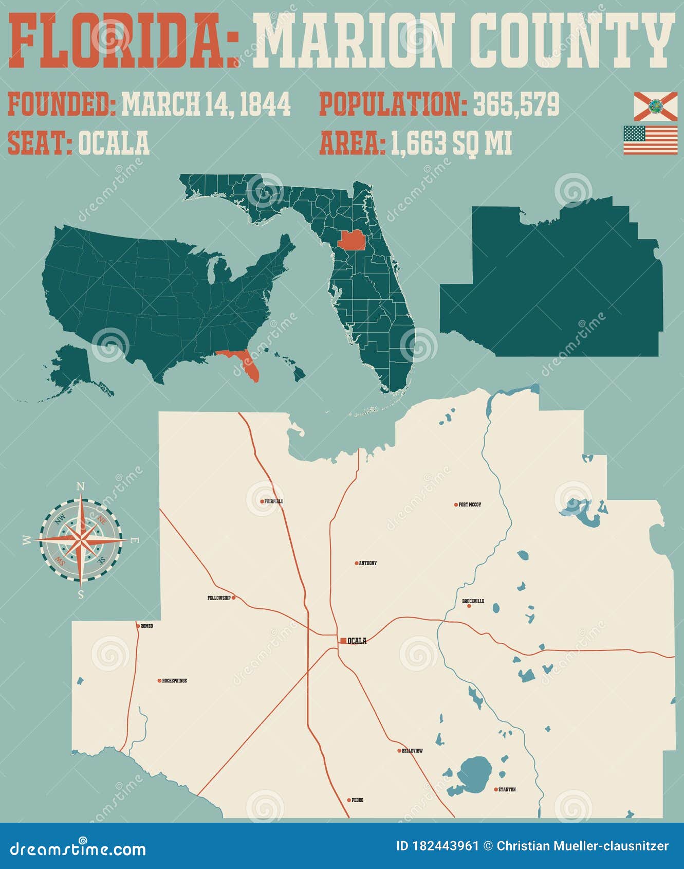Map of Marion County in Florida Stock Vector - Illustration of ...