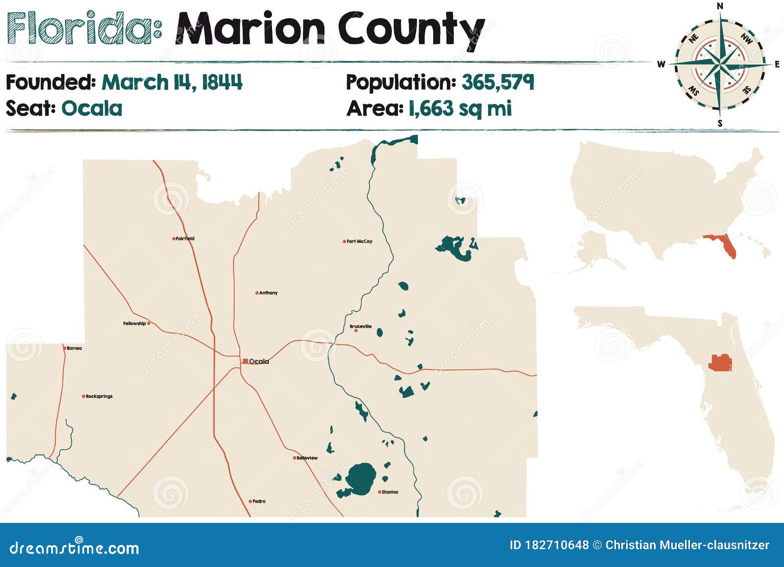 Map of Marion County in Florida Stock Vector - Illustration of blue ...